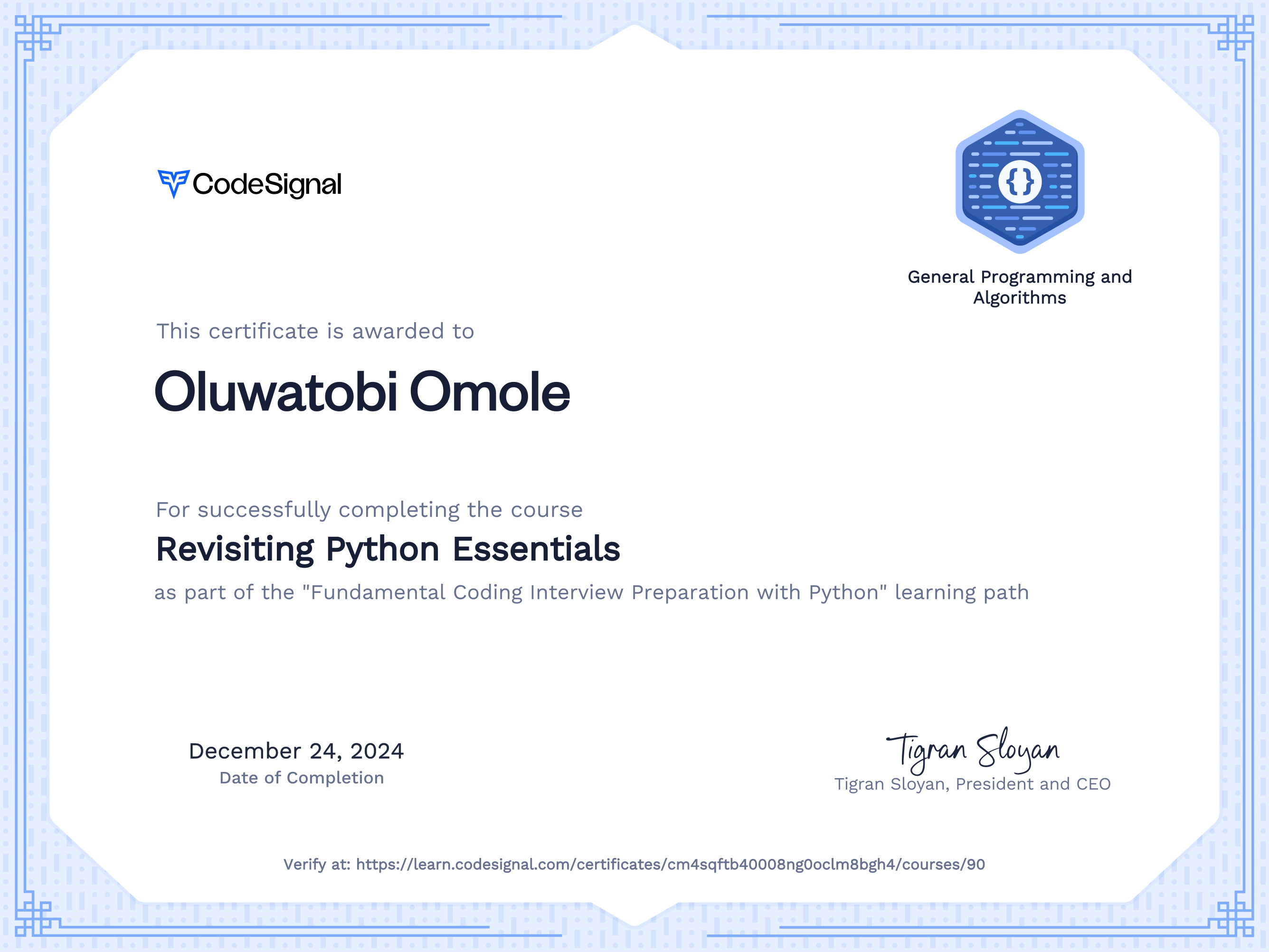 Course certificate for Revisiting Python Essentials | CodeSignal Learn