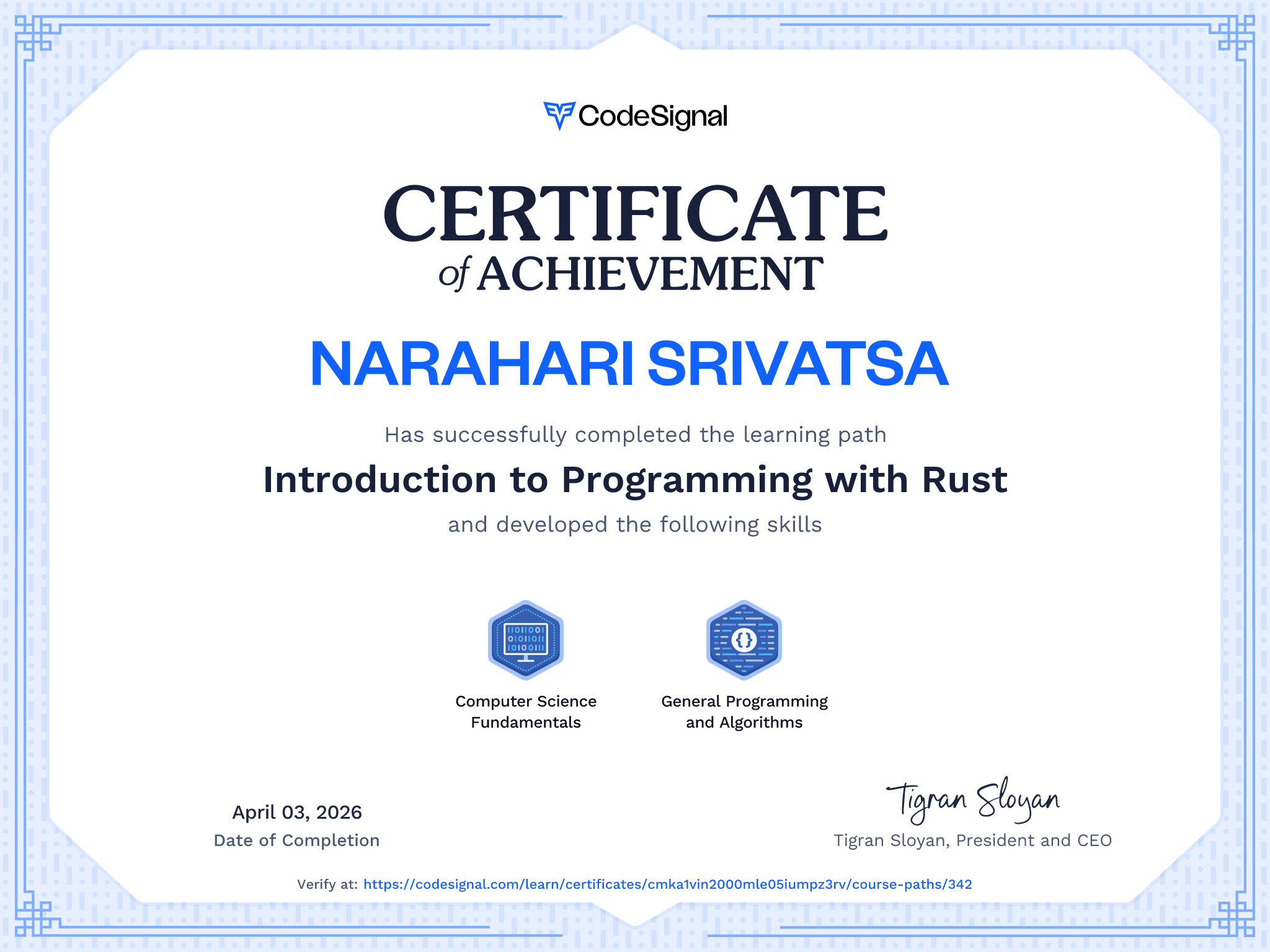 Path certificate for Introduction to Programming with Rust | CodeSignal ...