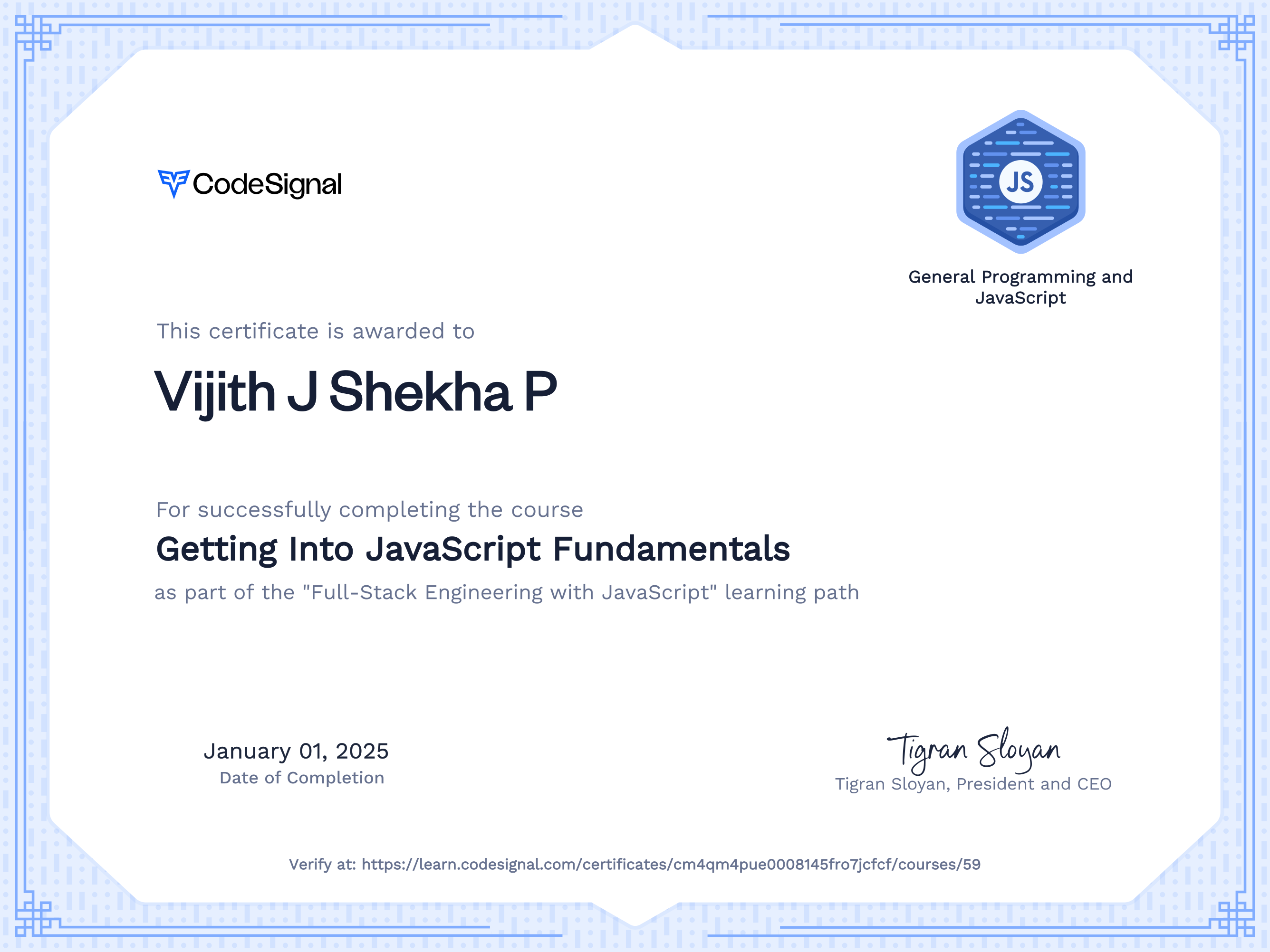 Course certificate for Getting Into JavaScript Fundamentals ...