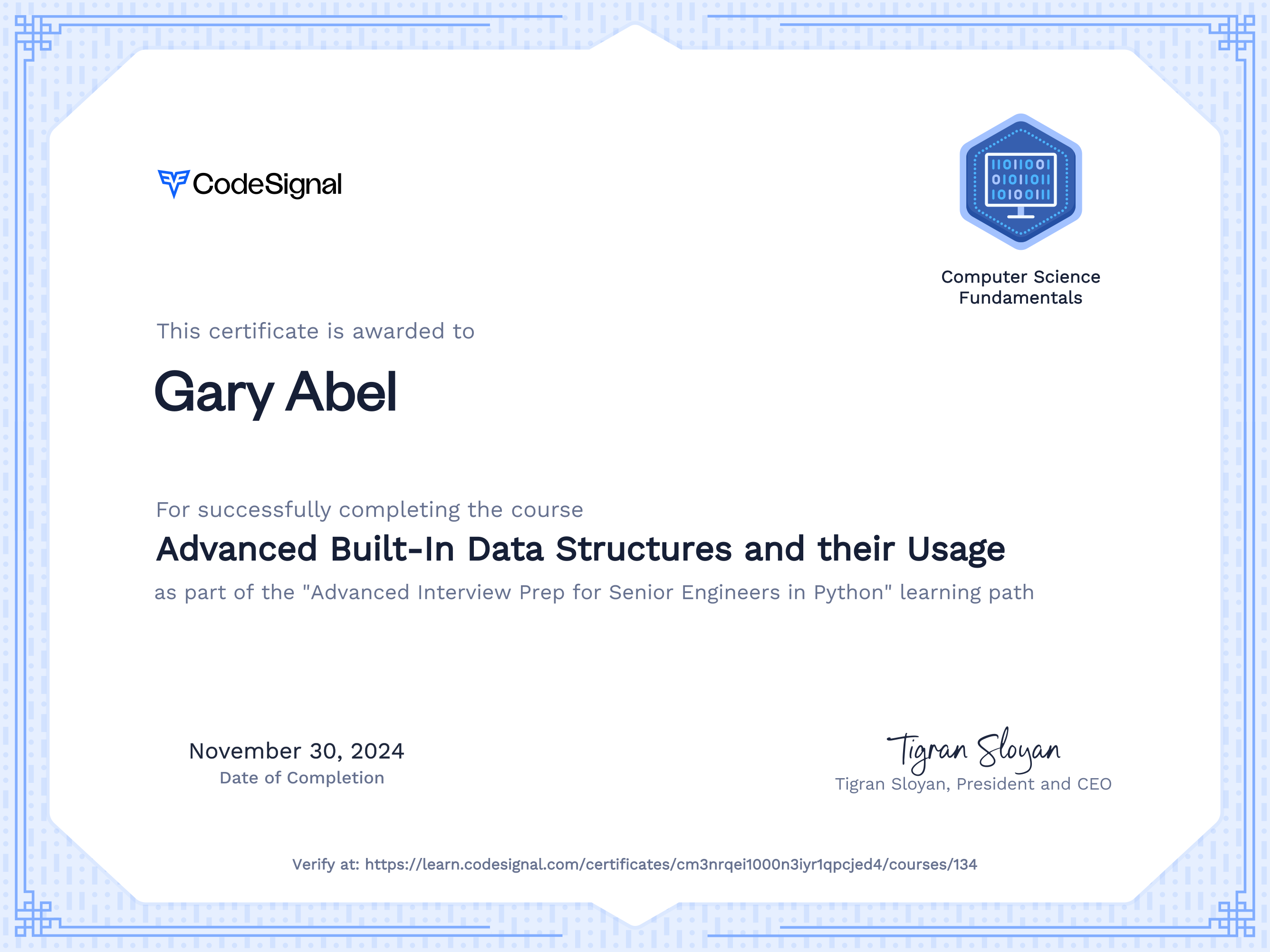 Course certificate for Advanced Built-In Data Structures and their Usage | CodeSignal Learn