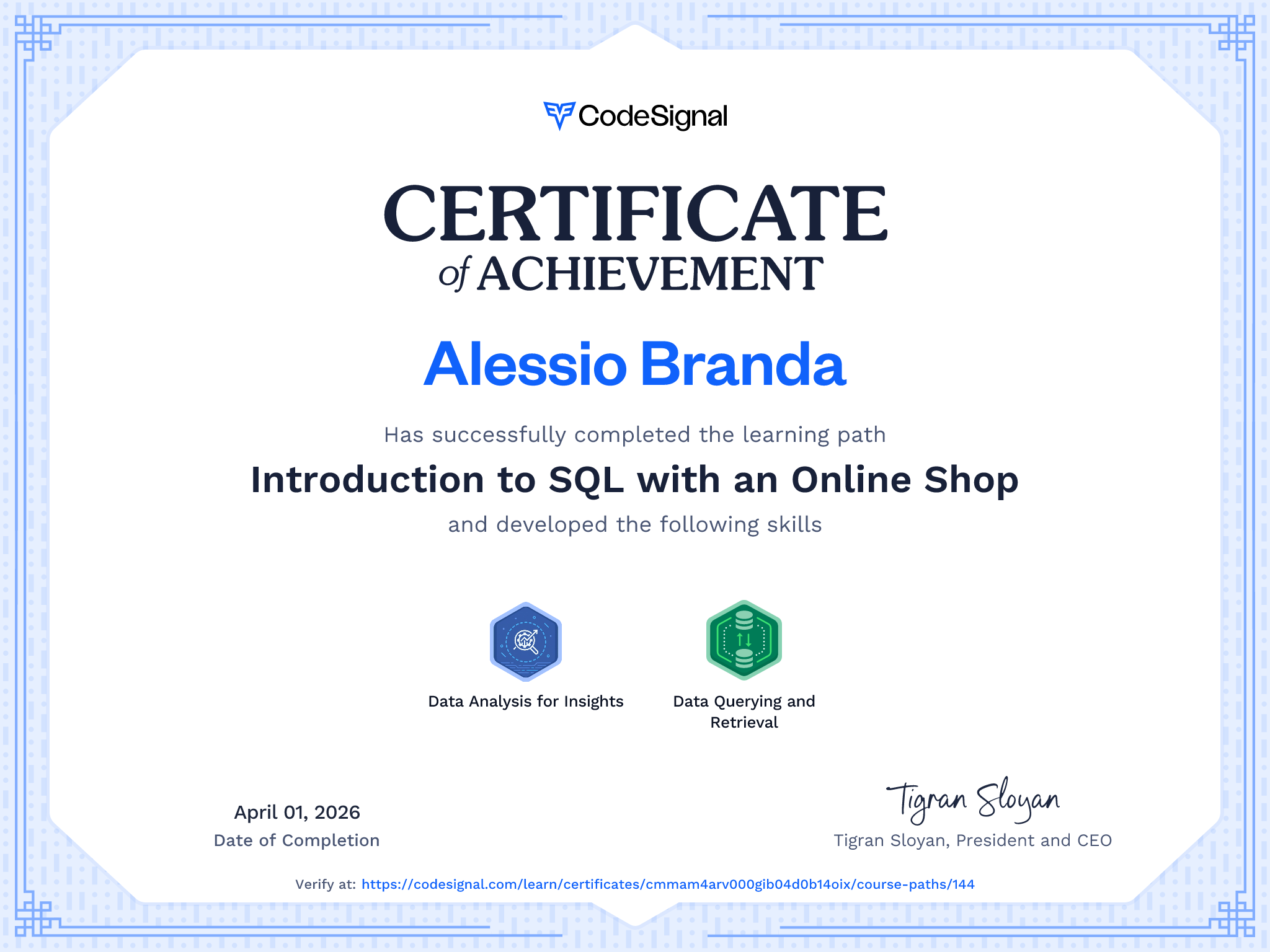 Path certificate for Introduction to SQL with an Online Shop ...