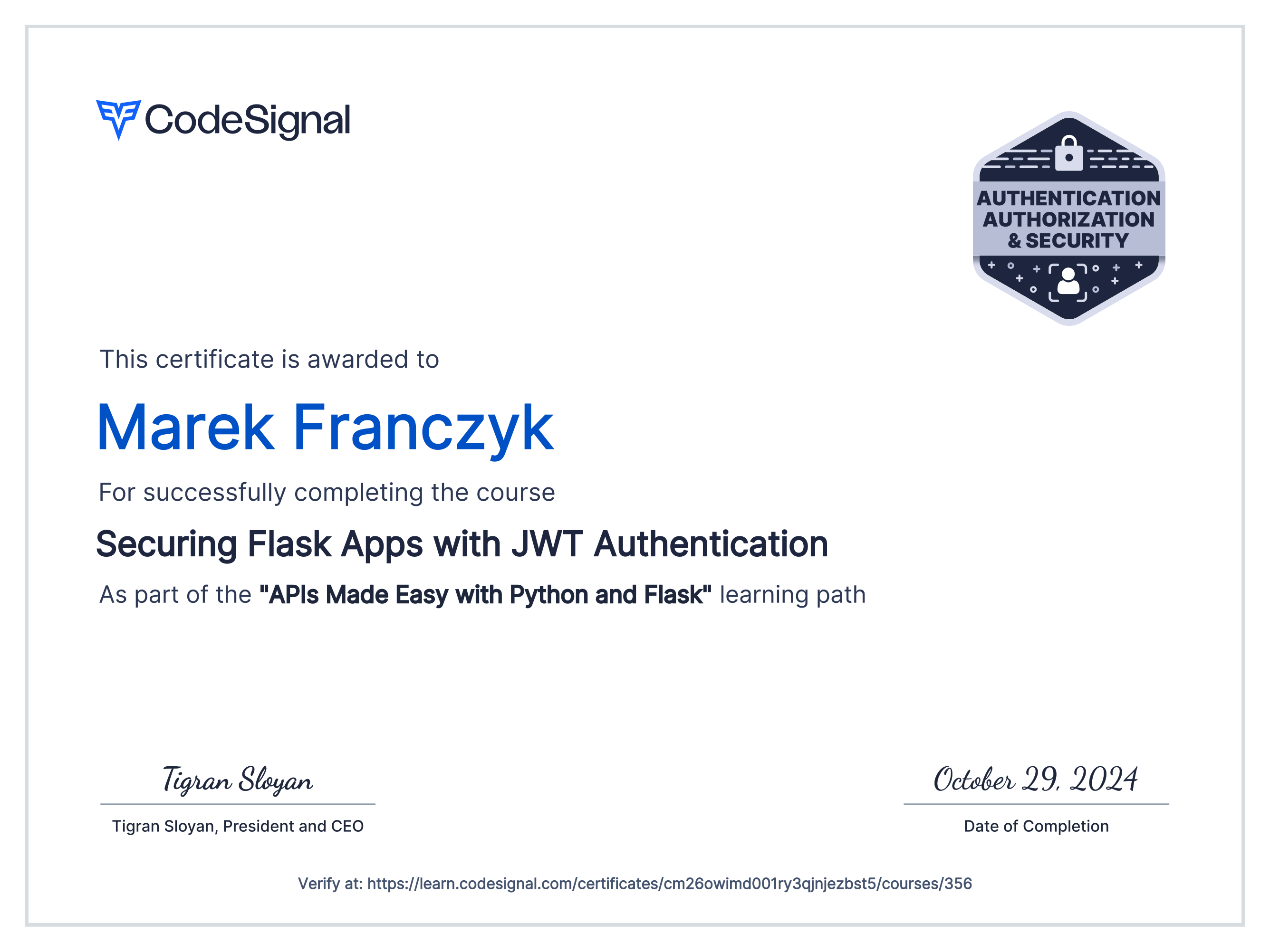Course certificate for Securing Flask Apps with JWT Authentication | CodeSignal Learn