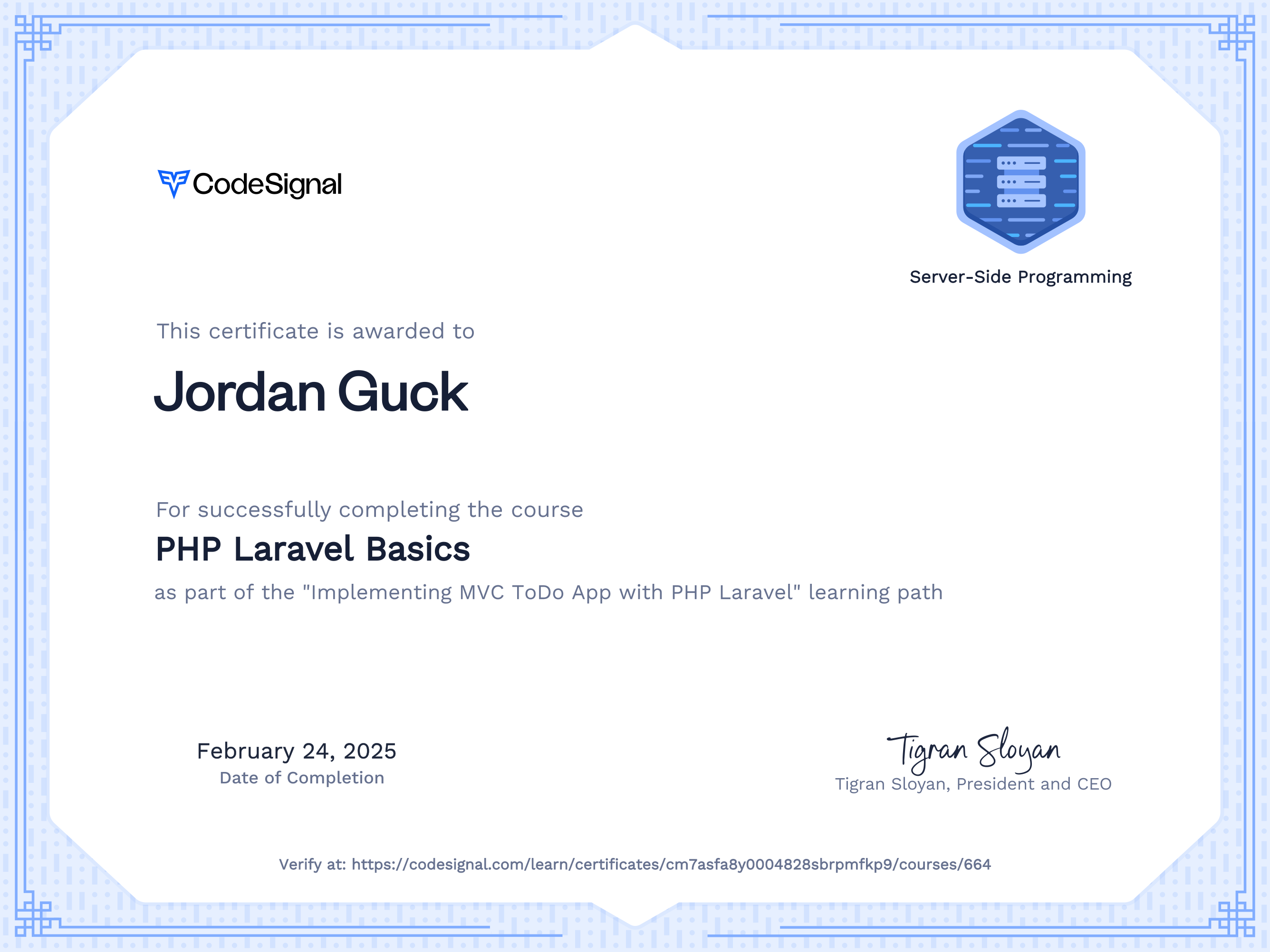 Course certificate for PHP Laravel Basics | CodeSignal Learn