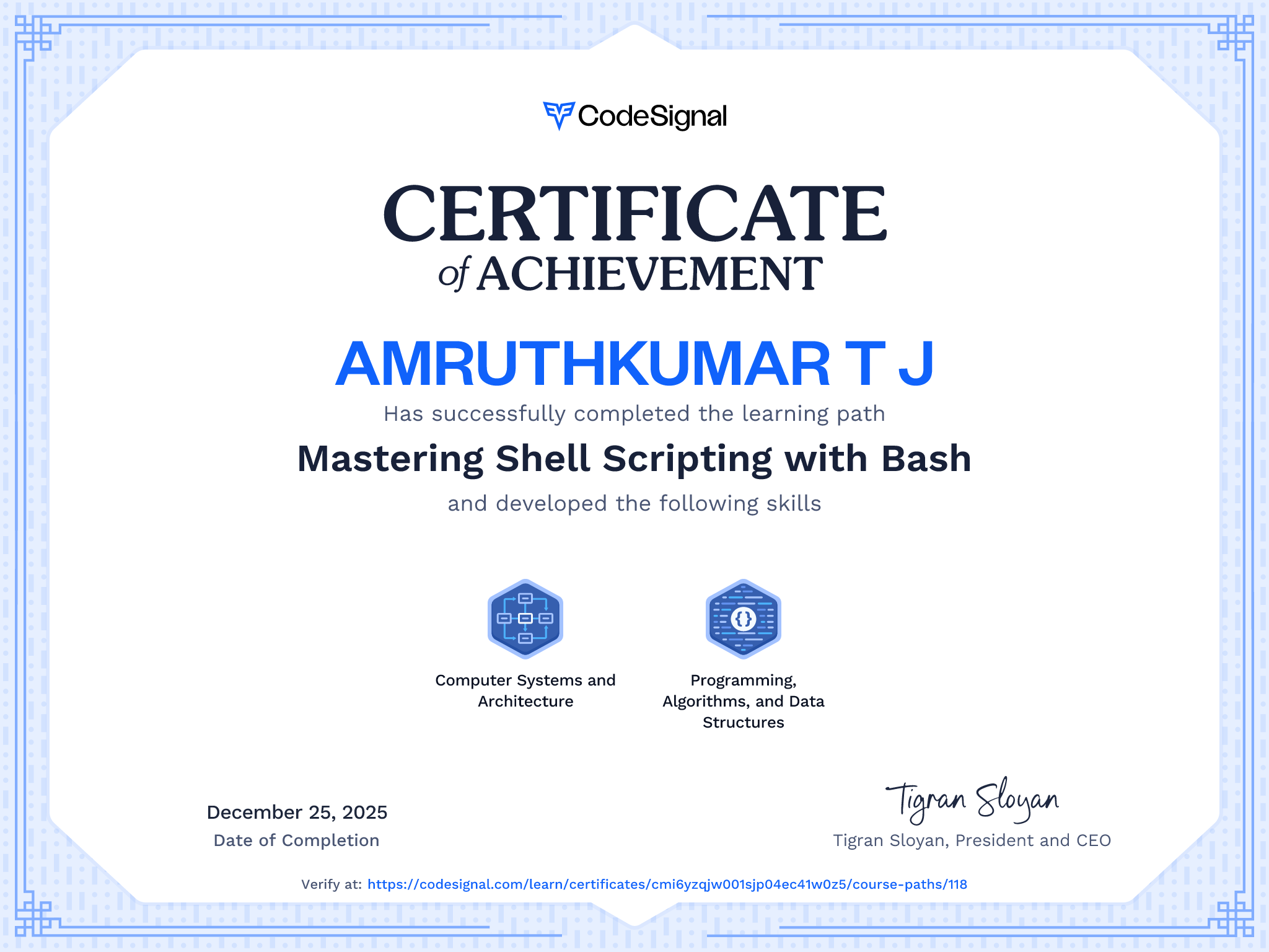 Path certificate for Mastering Shell Scripting with Bash | CodeSignal Learn