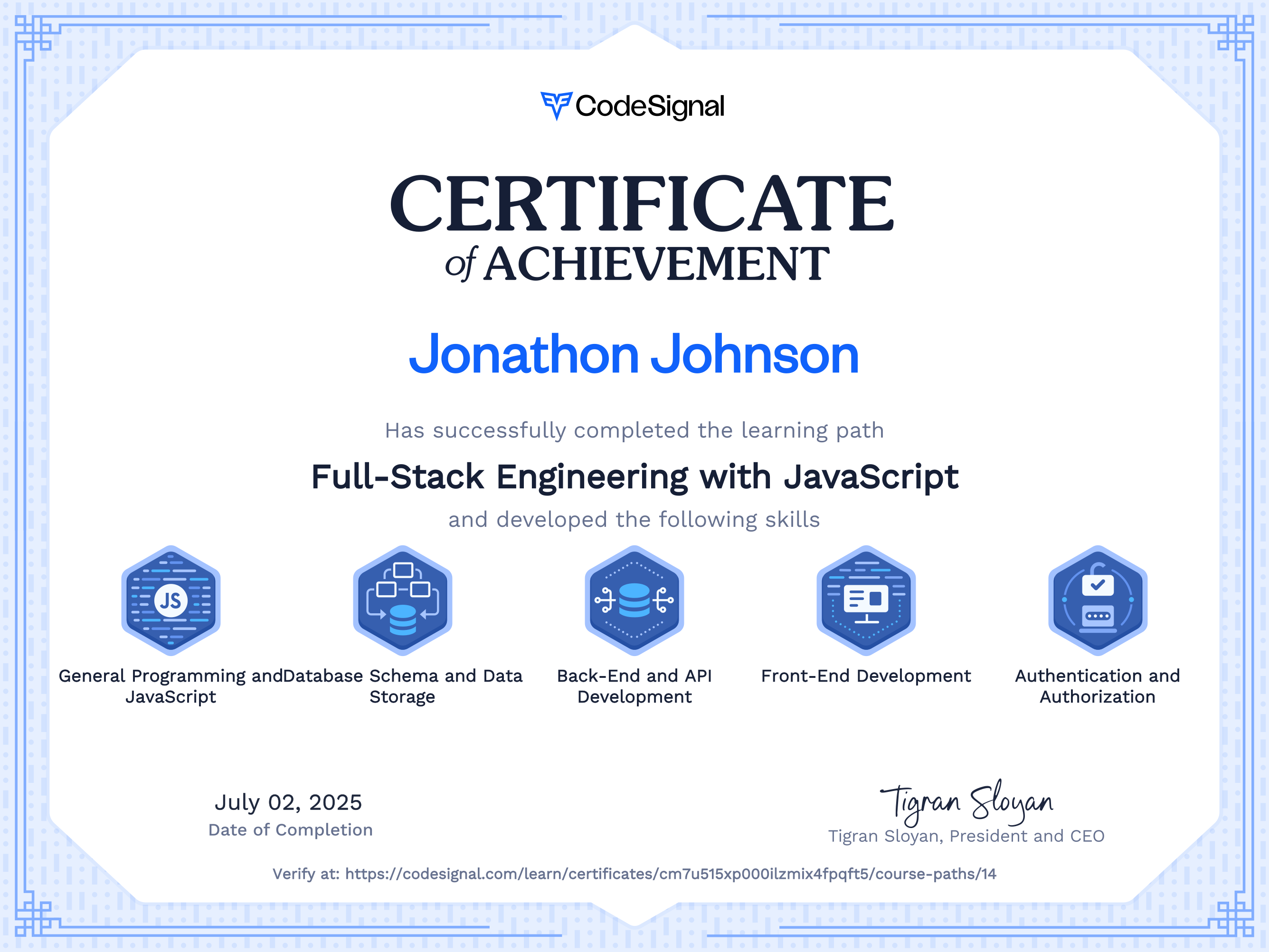 Path certificate for Full-Stack Engineering with JavaScript | CodeSignal Learn
