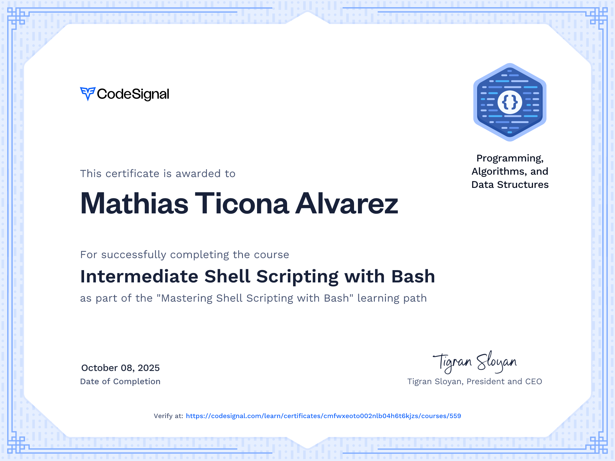Course certificate for Intermediate Shell Scripting with Bash ...
