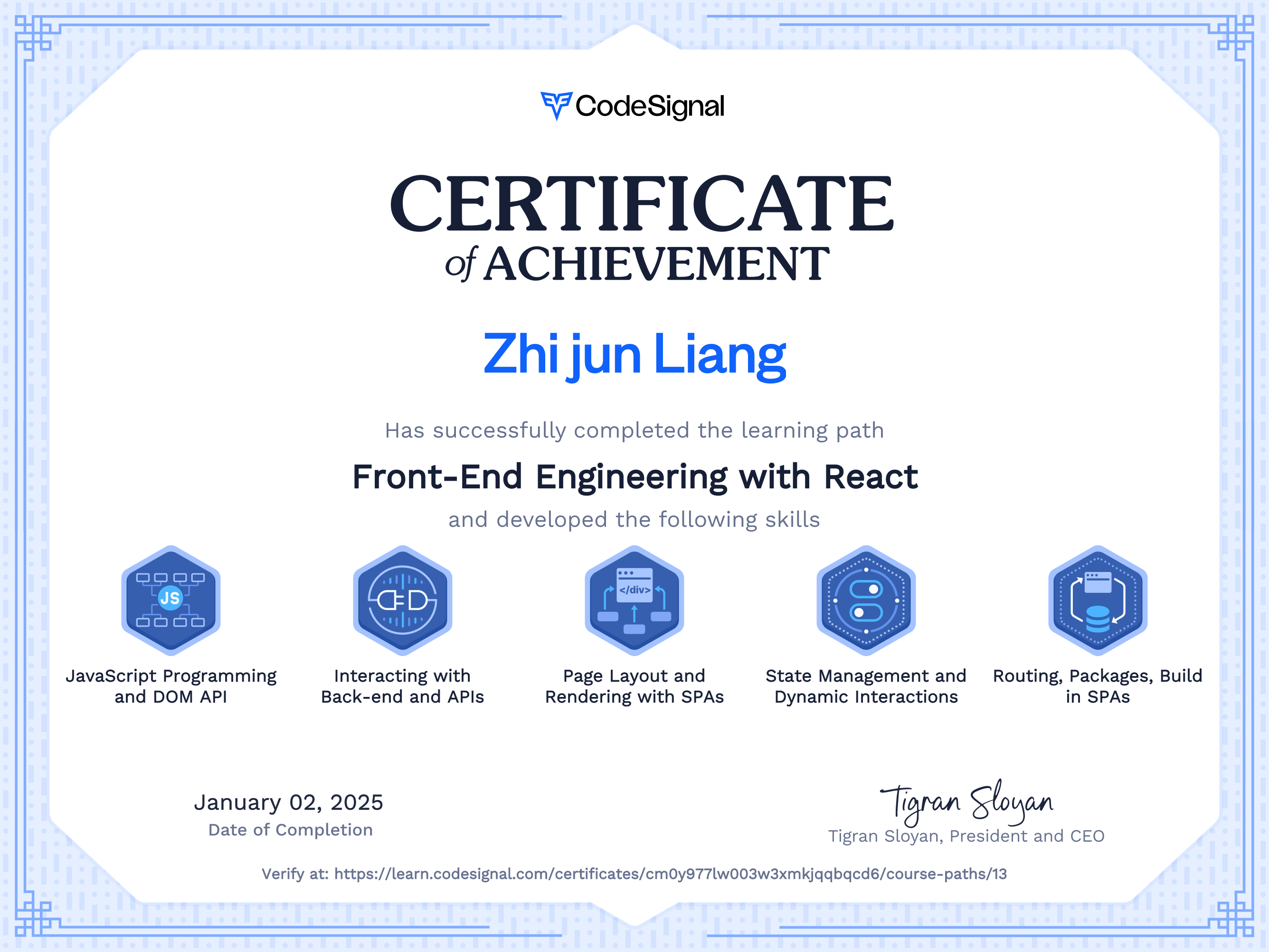 Path certificate for Front-End Engineering with React | CodeSignal Learn