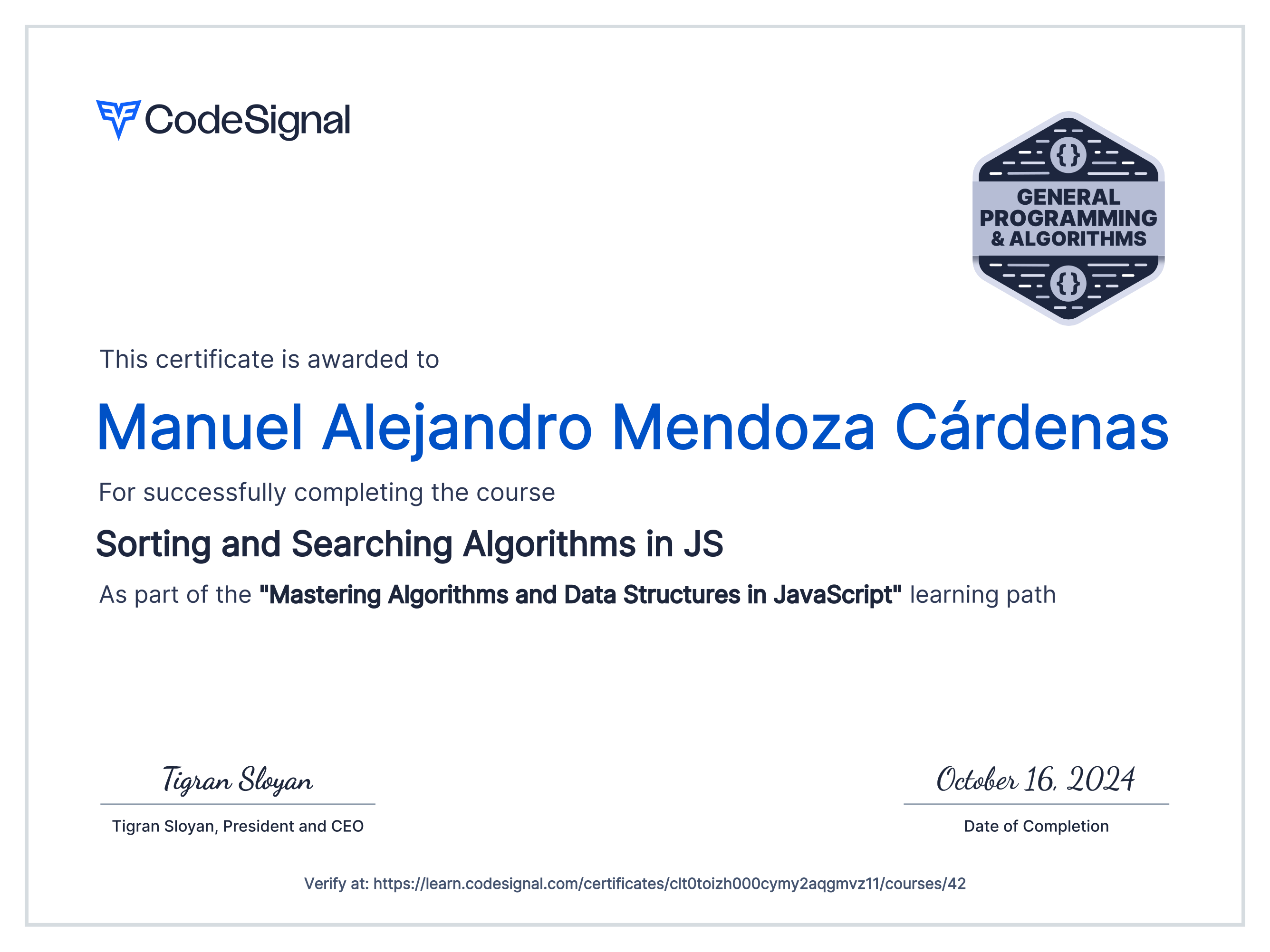 Course Certificate For Sorting And Searching Algorithms In Js