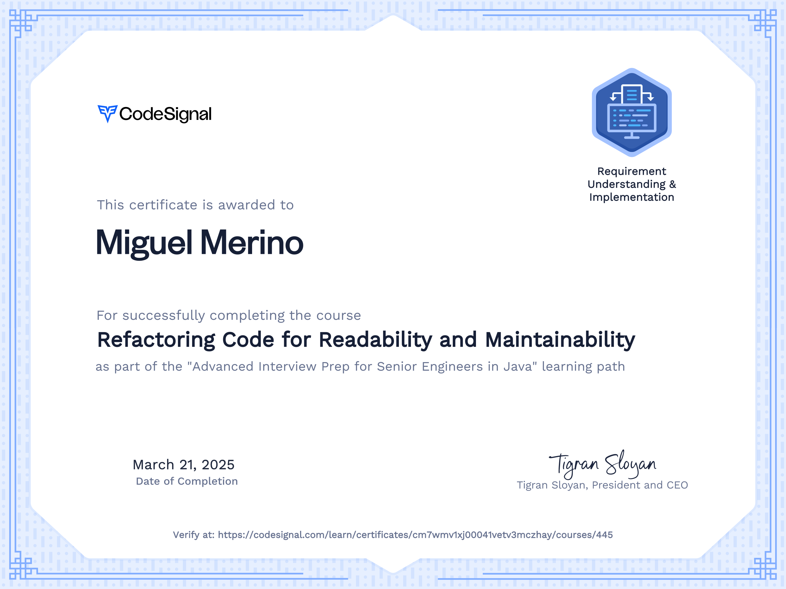 Course certificate for Refactoring Code for Readability and Maintainability | CodeSignal Learn