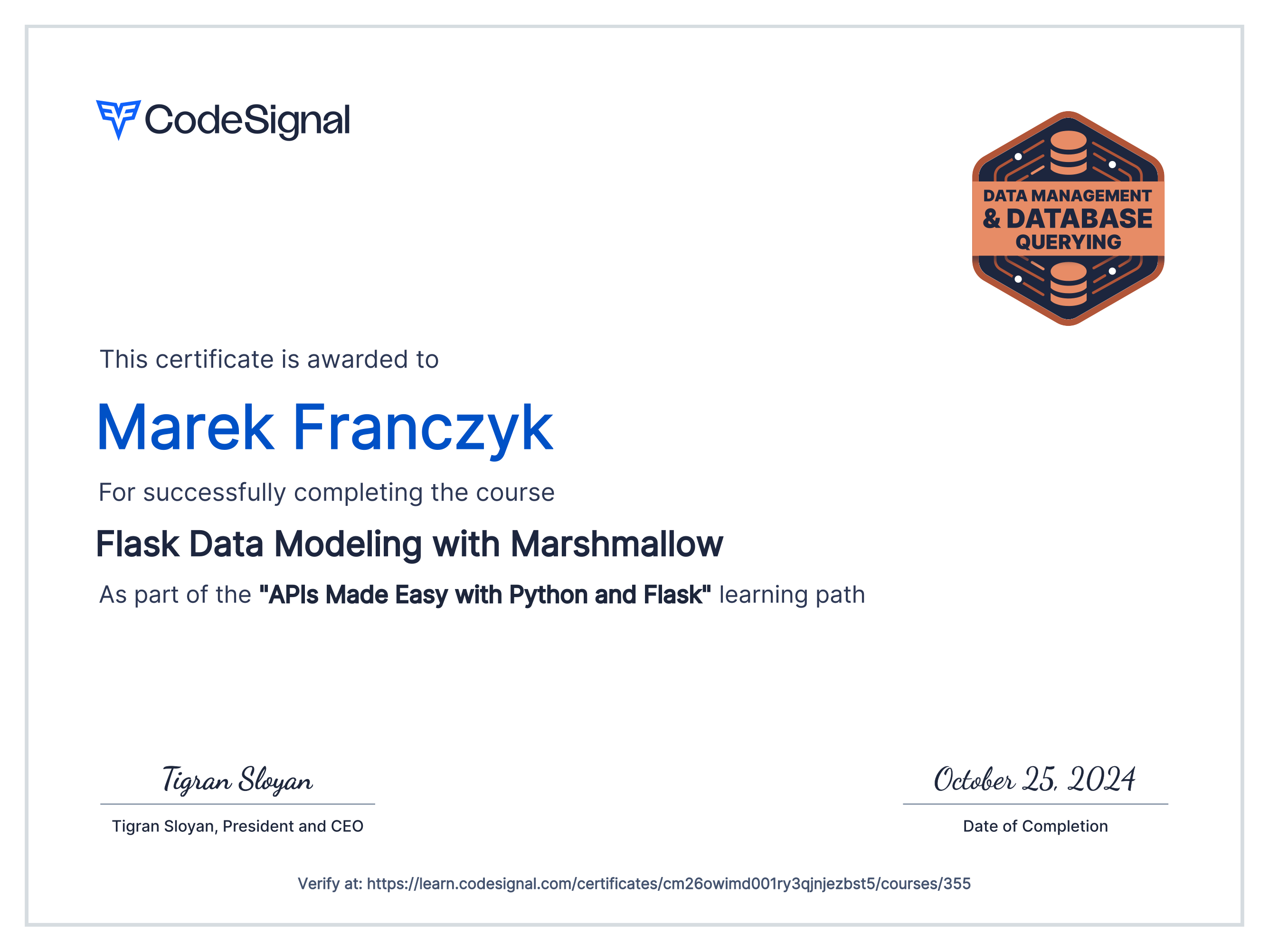 Course certificate for Flask Data Modeling with Marshmallow | CodeSignal Learn