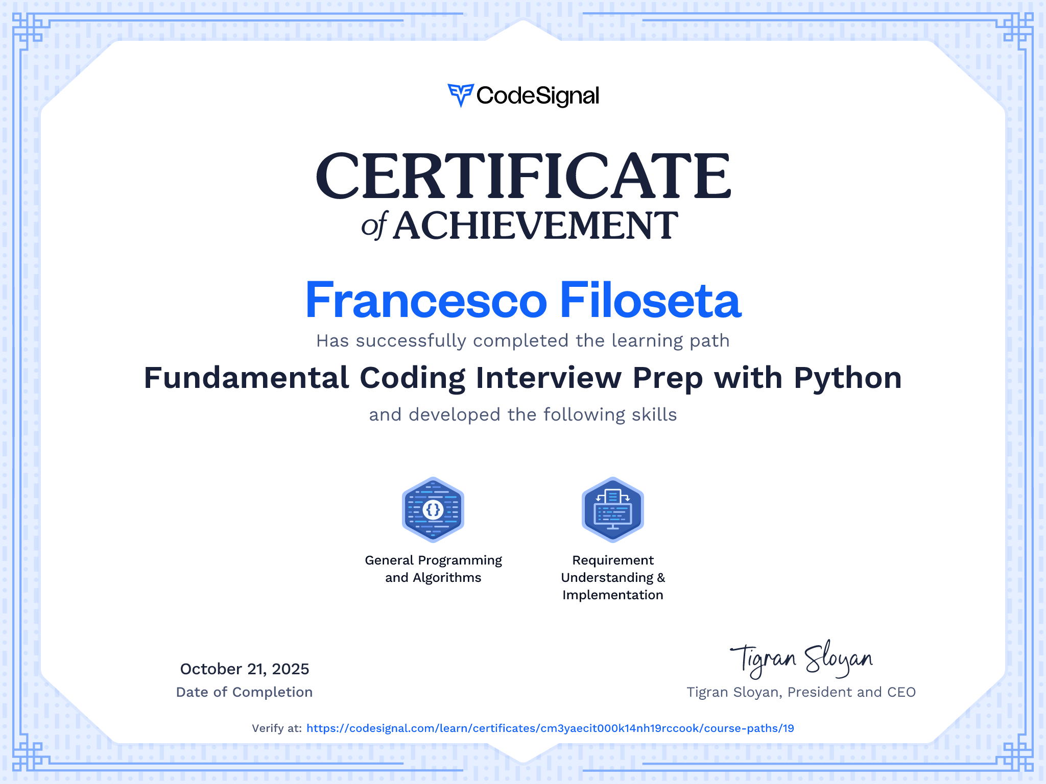 Path certificate for Fundamental Coding Interview Prep with Python | CodeSignal Learn