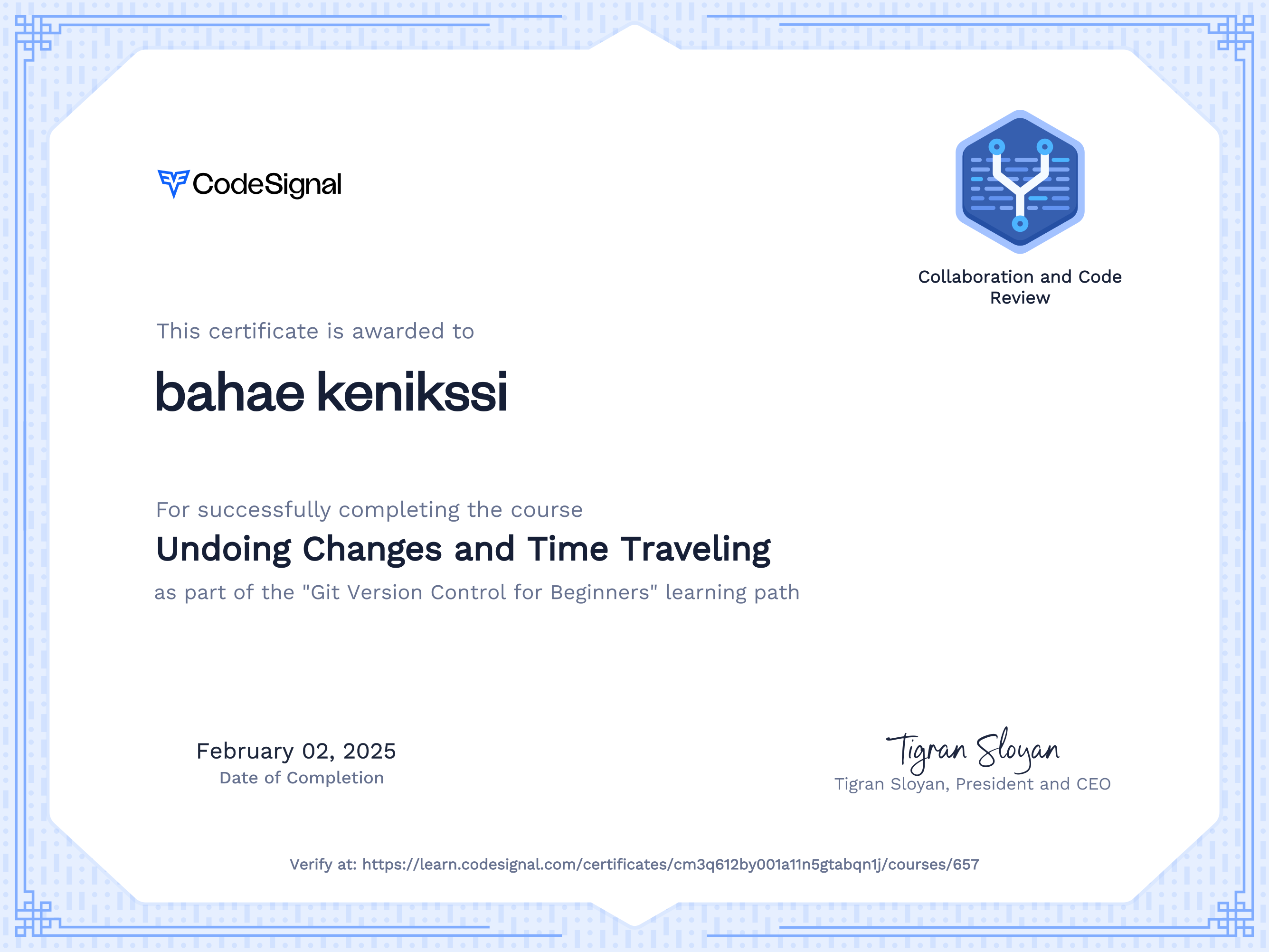 Course certificate for Undoing Changes and Time Traveling | CodeSignal Learn