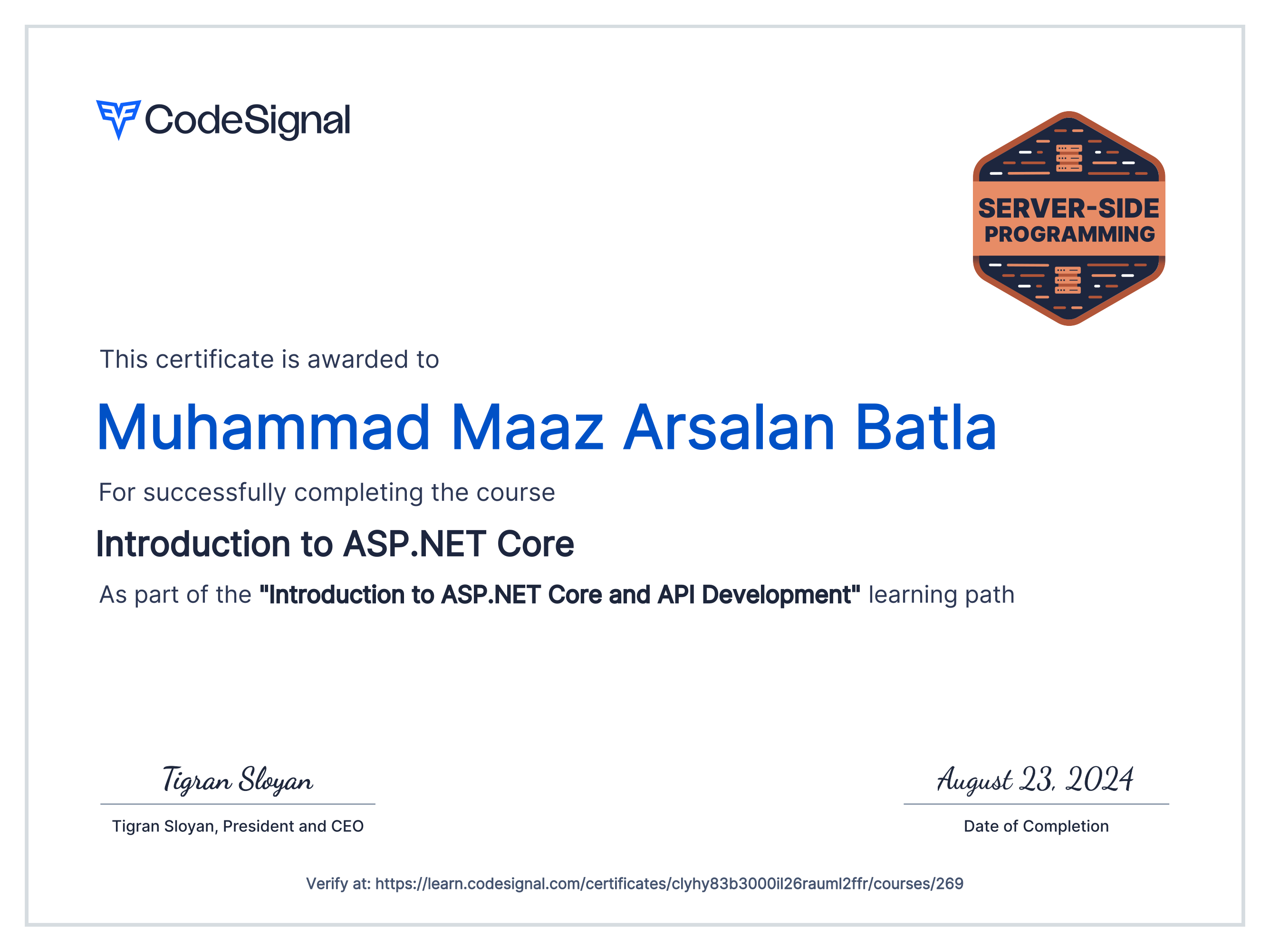 Course certificate for Introduction to ASP.NET Core | CodeSignal Learn