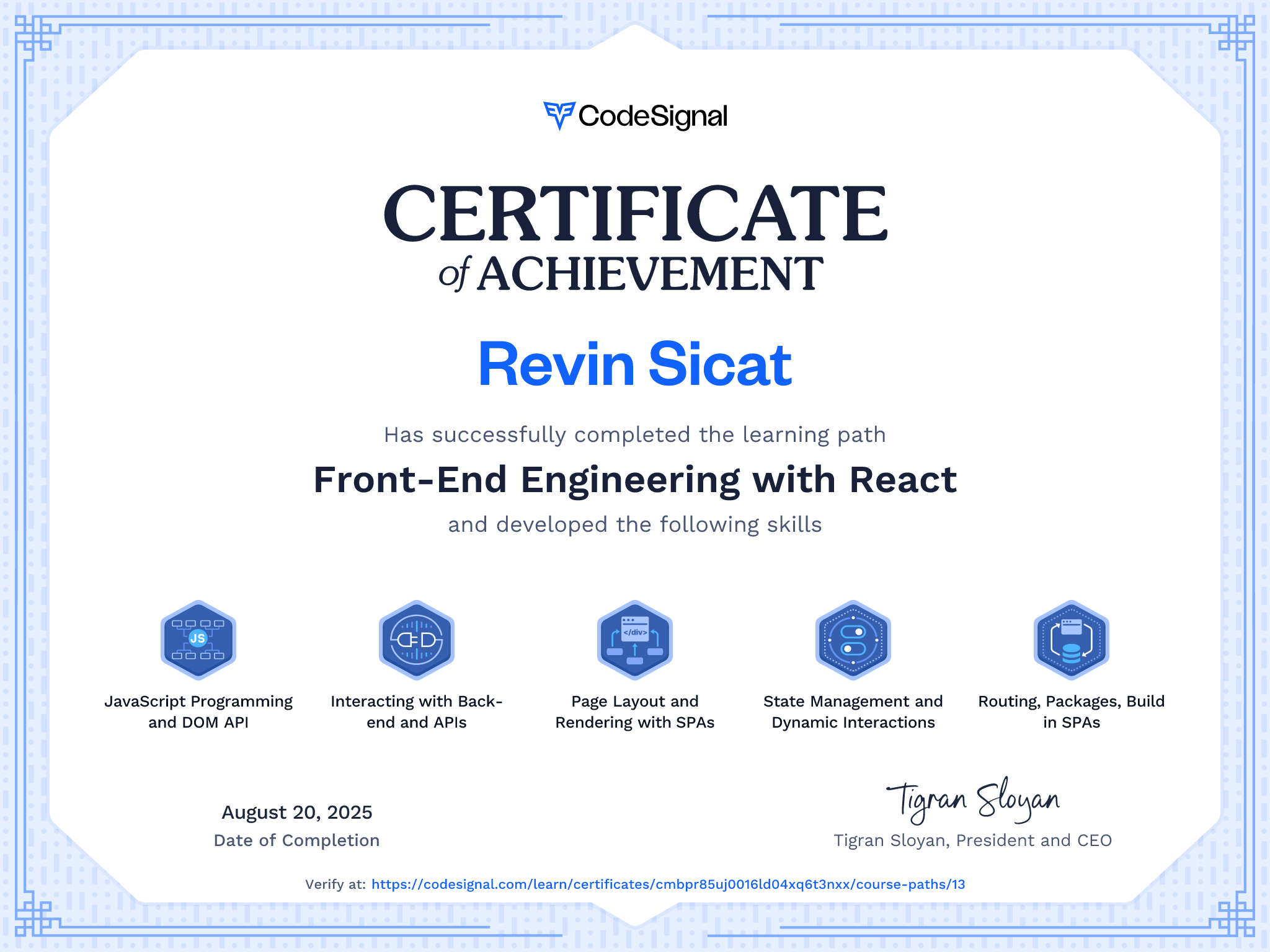 Path certificate for Front-End Engineering with React | CodeSignal Learn