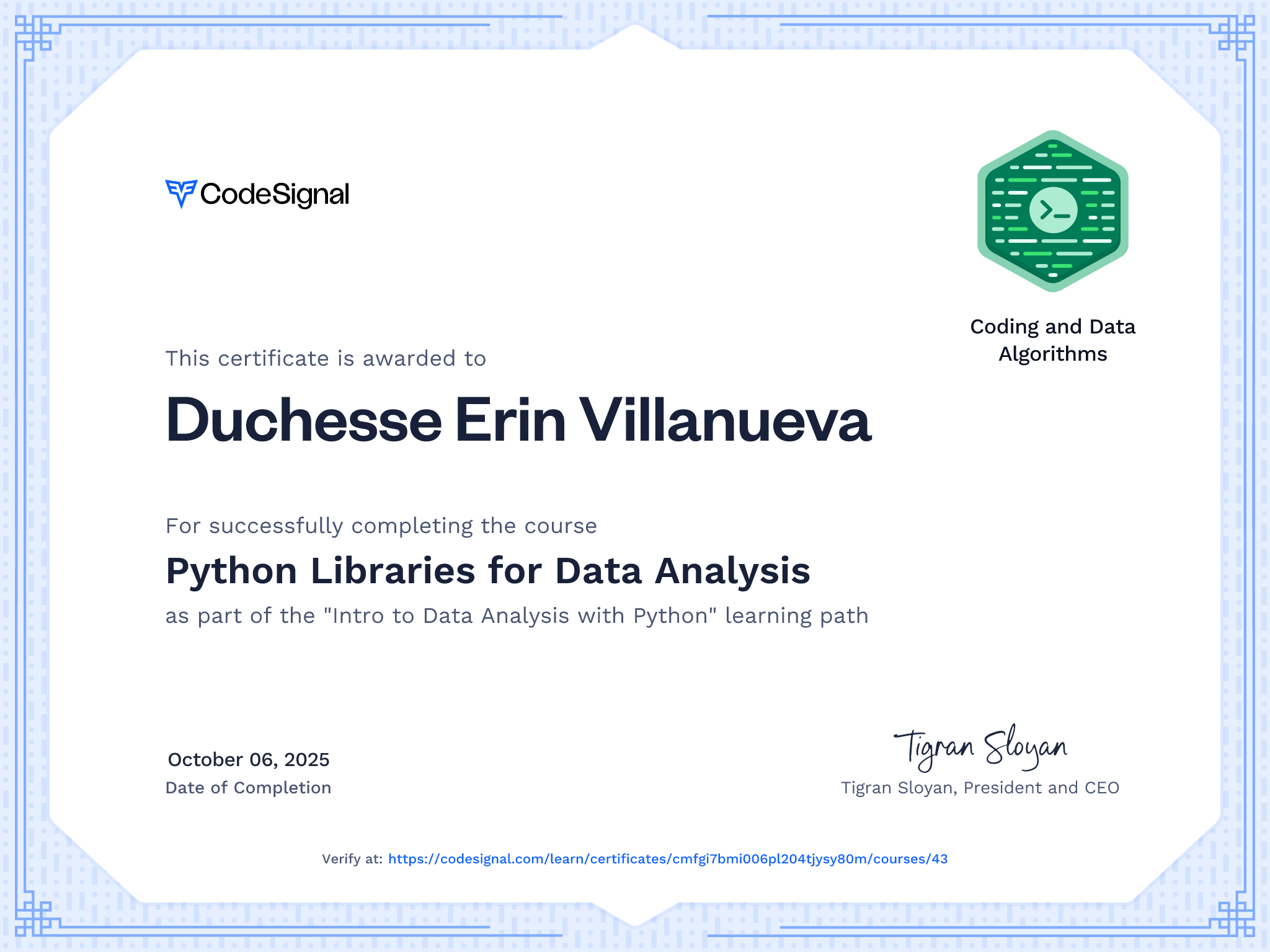 Course certificate for Python Libraries for Data Analysis | CodeSignal ...