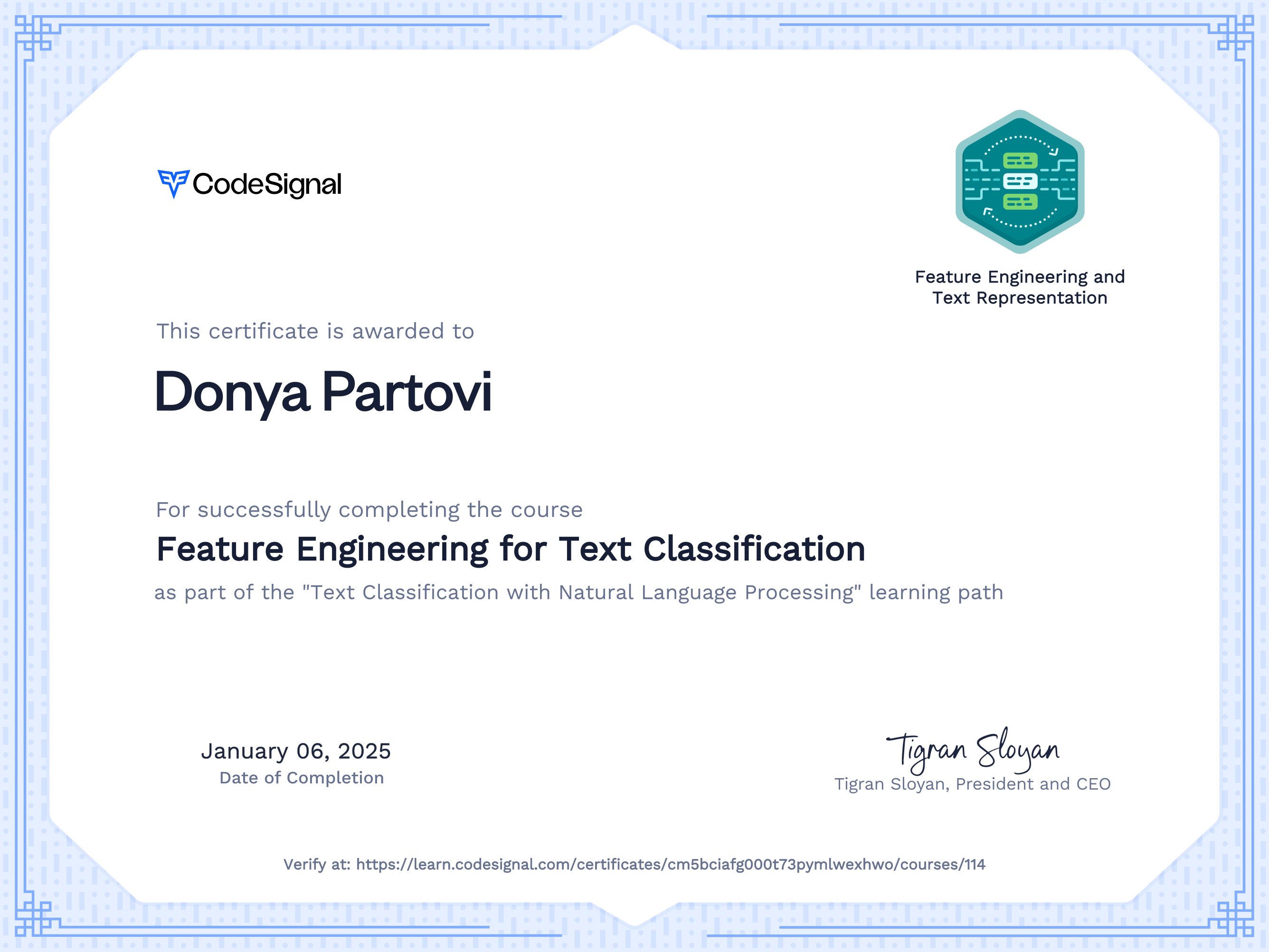Course certificate for Feature Engineering for Text Classification | CodeSignal Learn