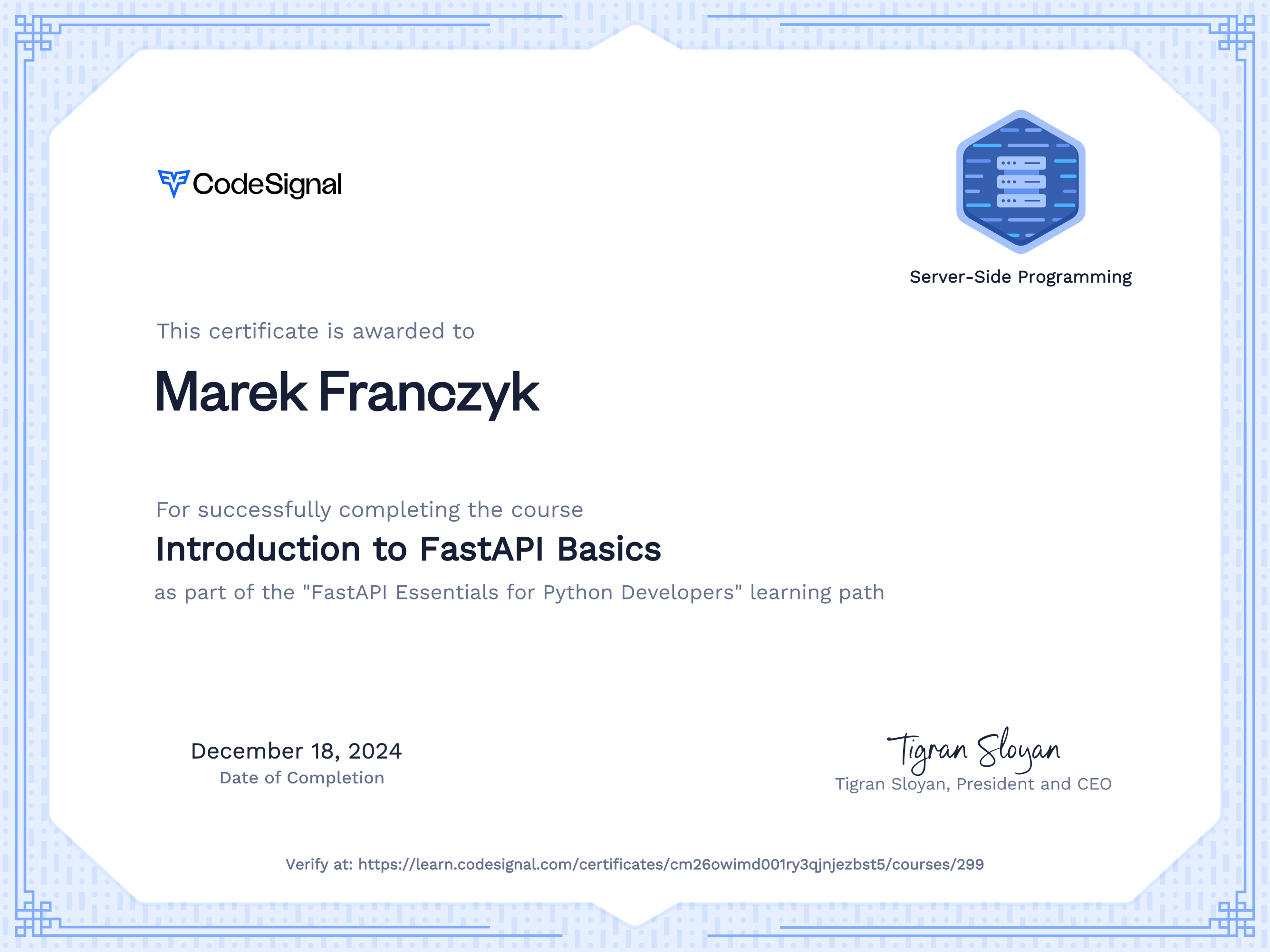 Course certificate for Introduction to FastAPI Basics | CodeSignal Learn