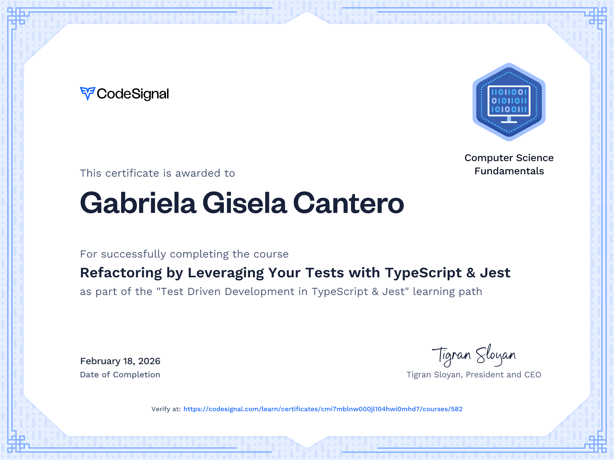 Course certificate for Refactoring by Leveraging Your Tests with ...