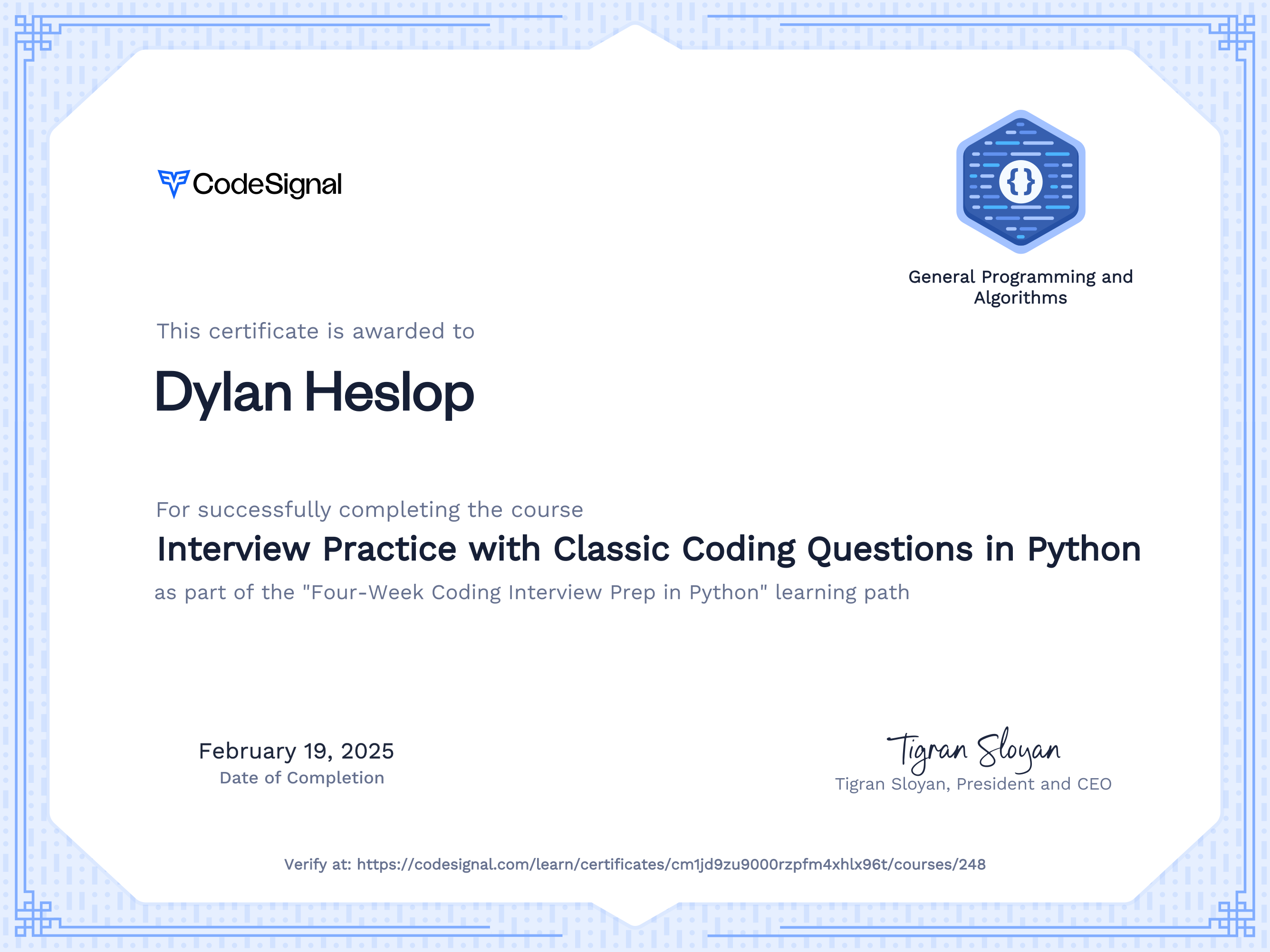 Course certificate for Interview Practice with Classic Coding Questions in Python | CodeSignal Learn