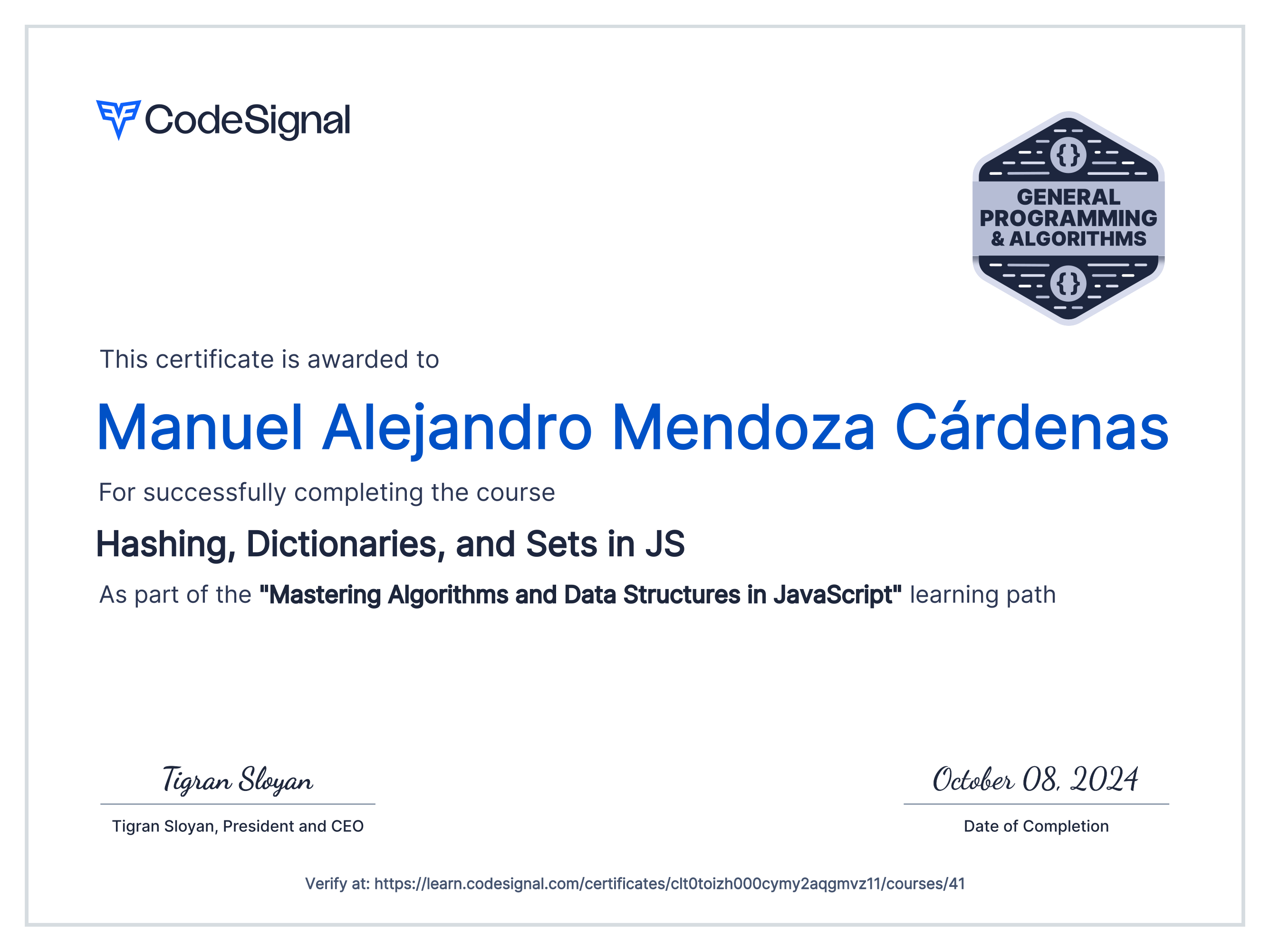 Course certificate for Hashing, Dictionaries, and Sets in JS | CodeSignal Learn