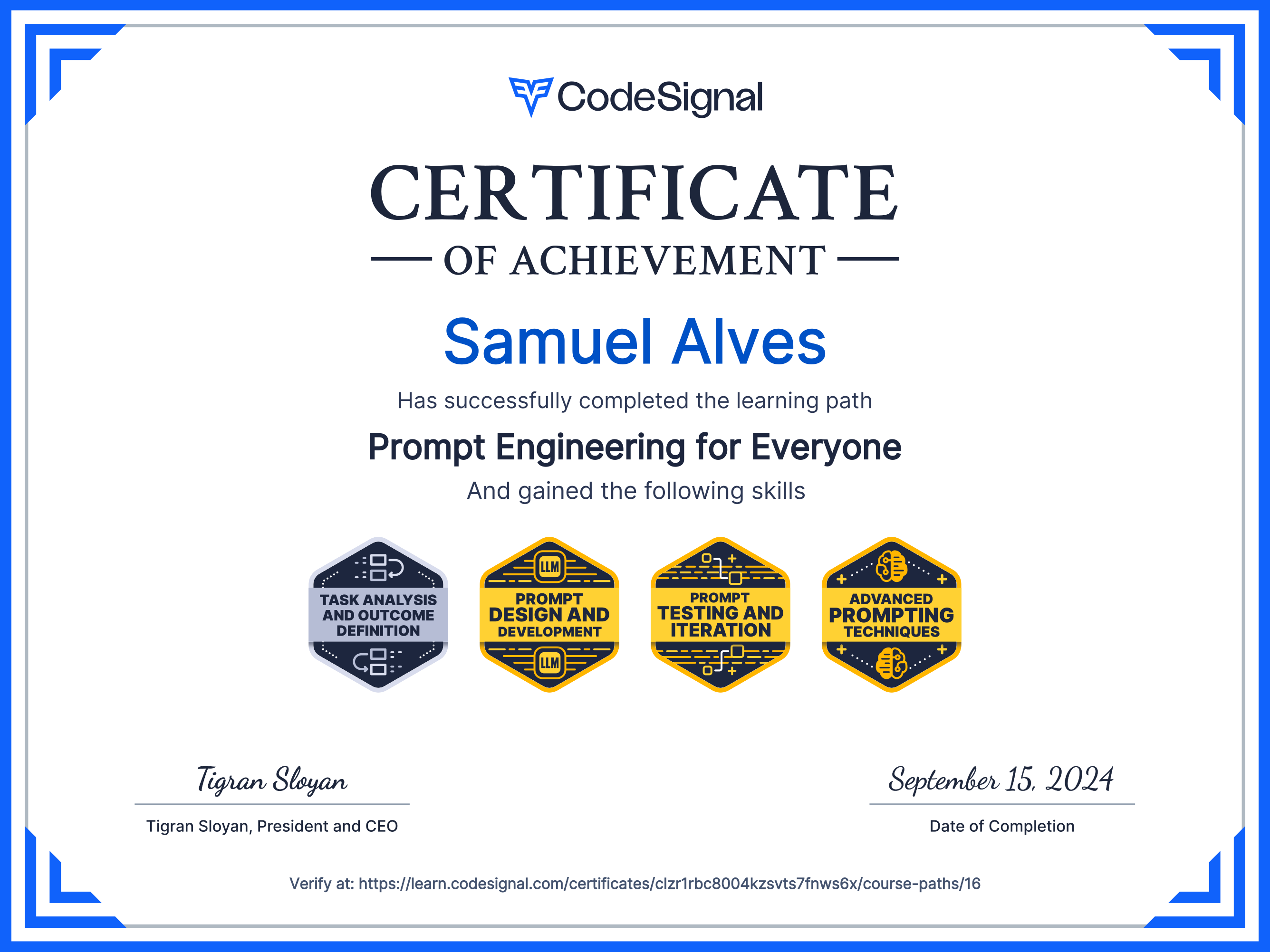 Path certificate for Prompt Engineering for Everyone | CodeSignal Learn