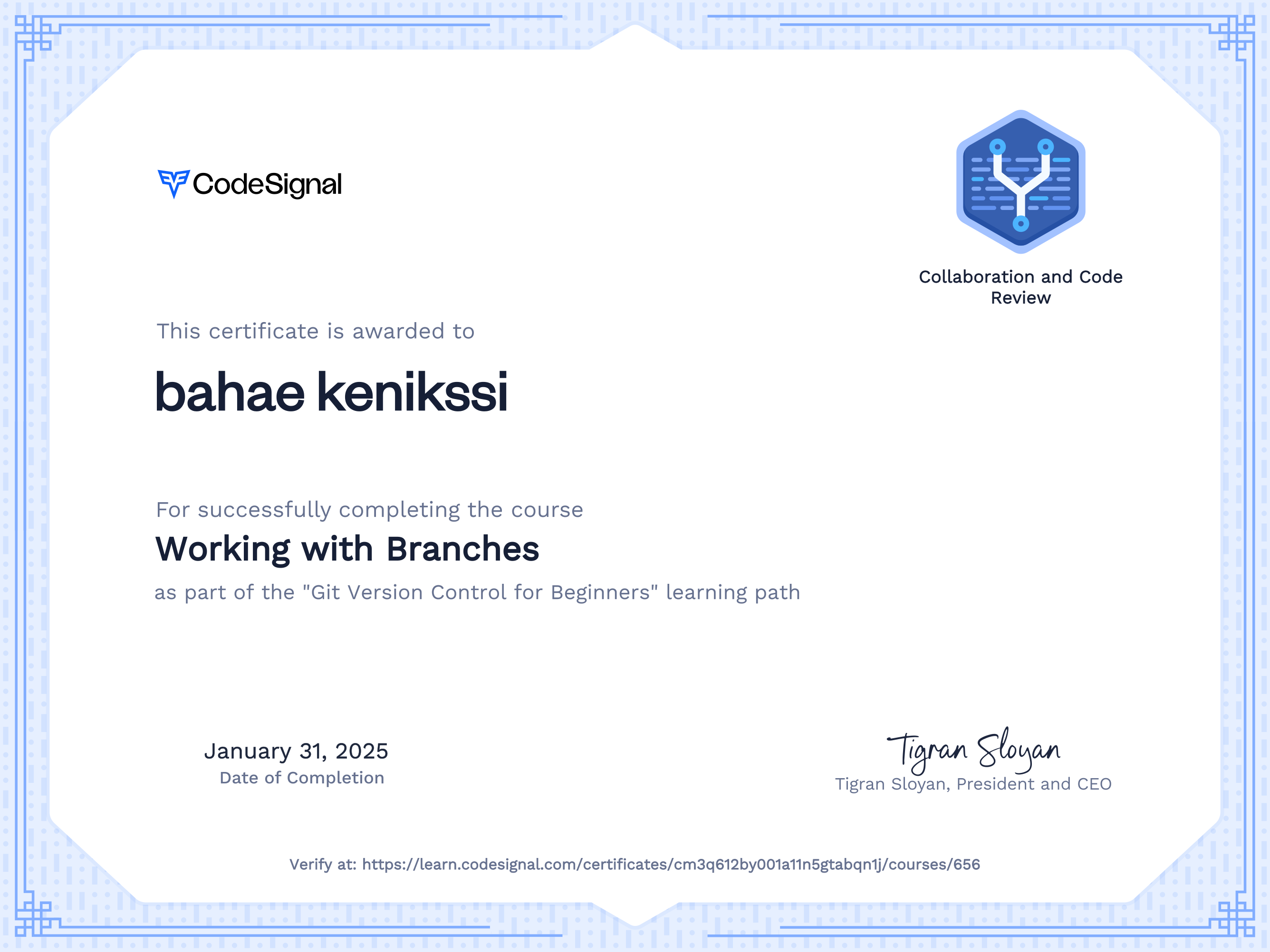 Course certificate for Working with Branches | CodeSignal Learn