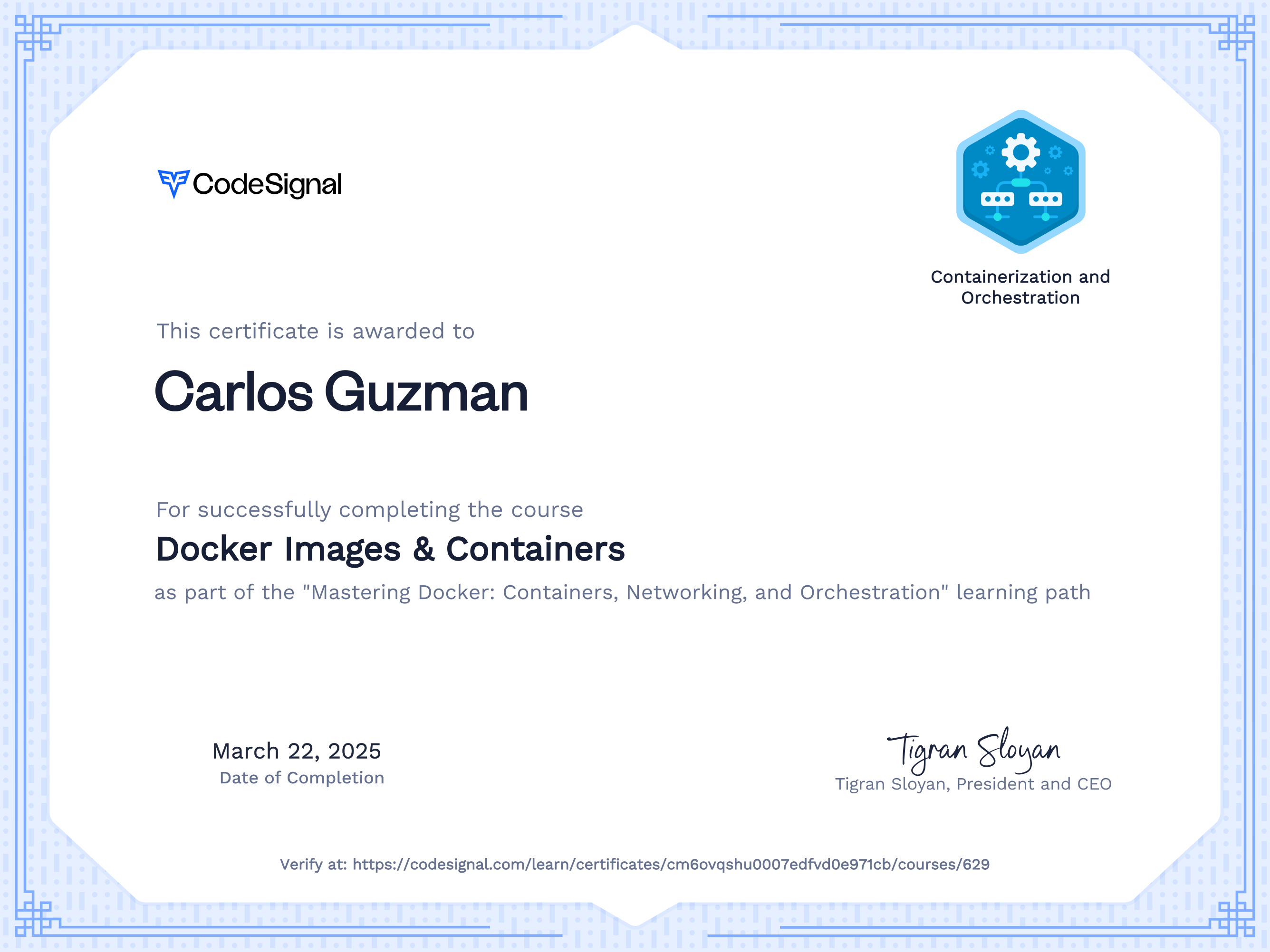 Course certificate for Docker Images & Containers | CodeSignal Learn