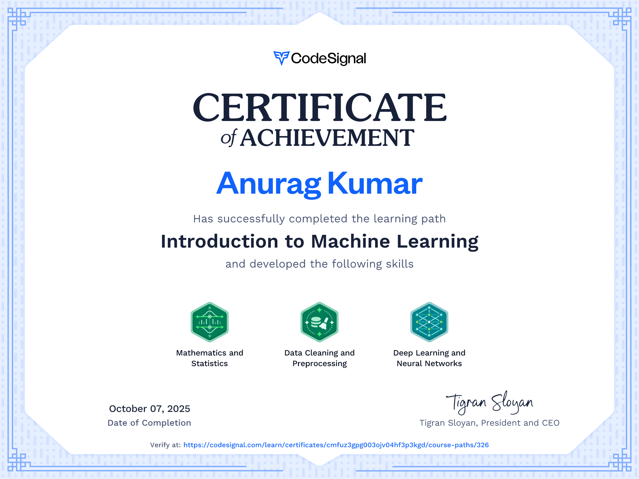 Path certificate for Introduction to Machine Learning | CodeSignal Learn