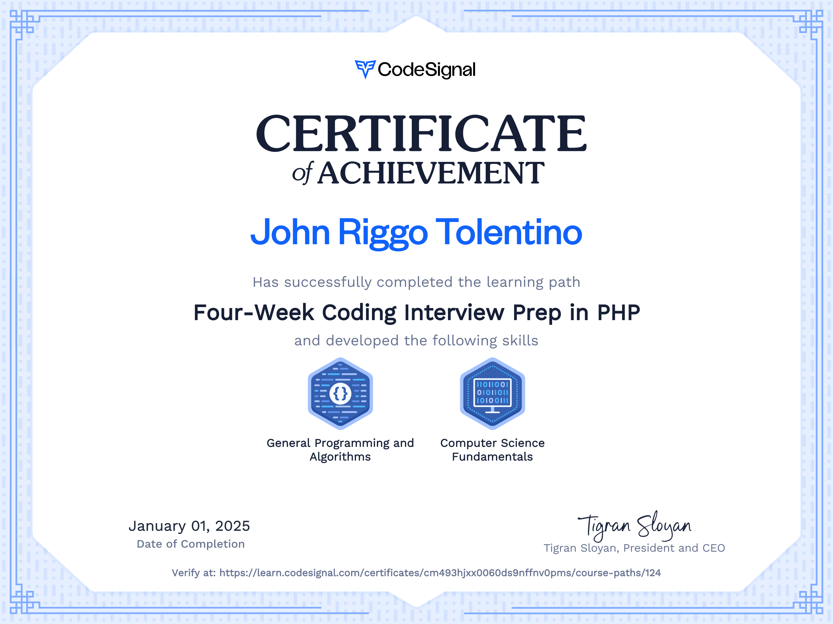 Path certificate for Four-Week Coding Interview Prep in PHP | CodeSignal Learn