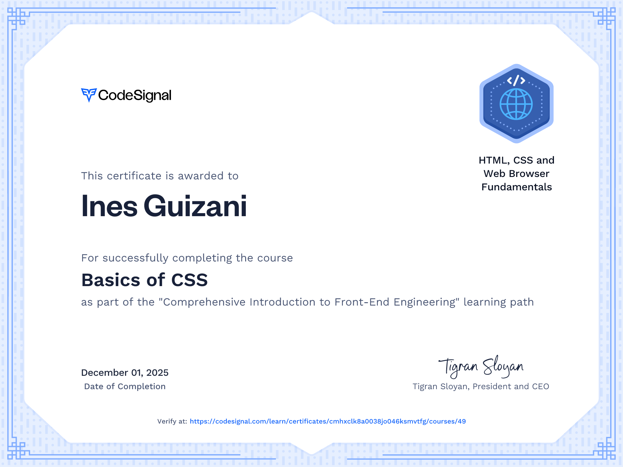 Course certificate for Basics of CSS | CodeSignal Learn