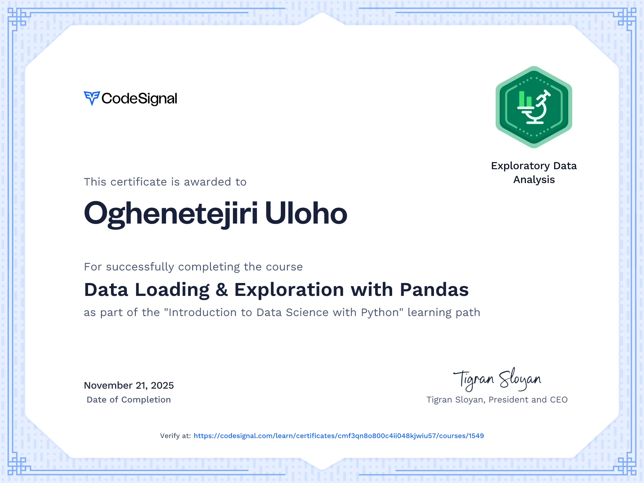 Course certificate for Data Loading & Exploration with Pandas ...