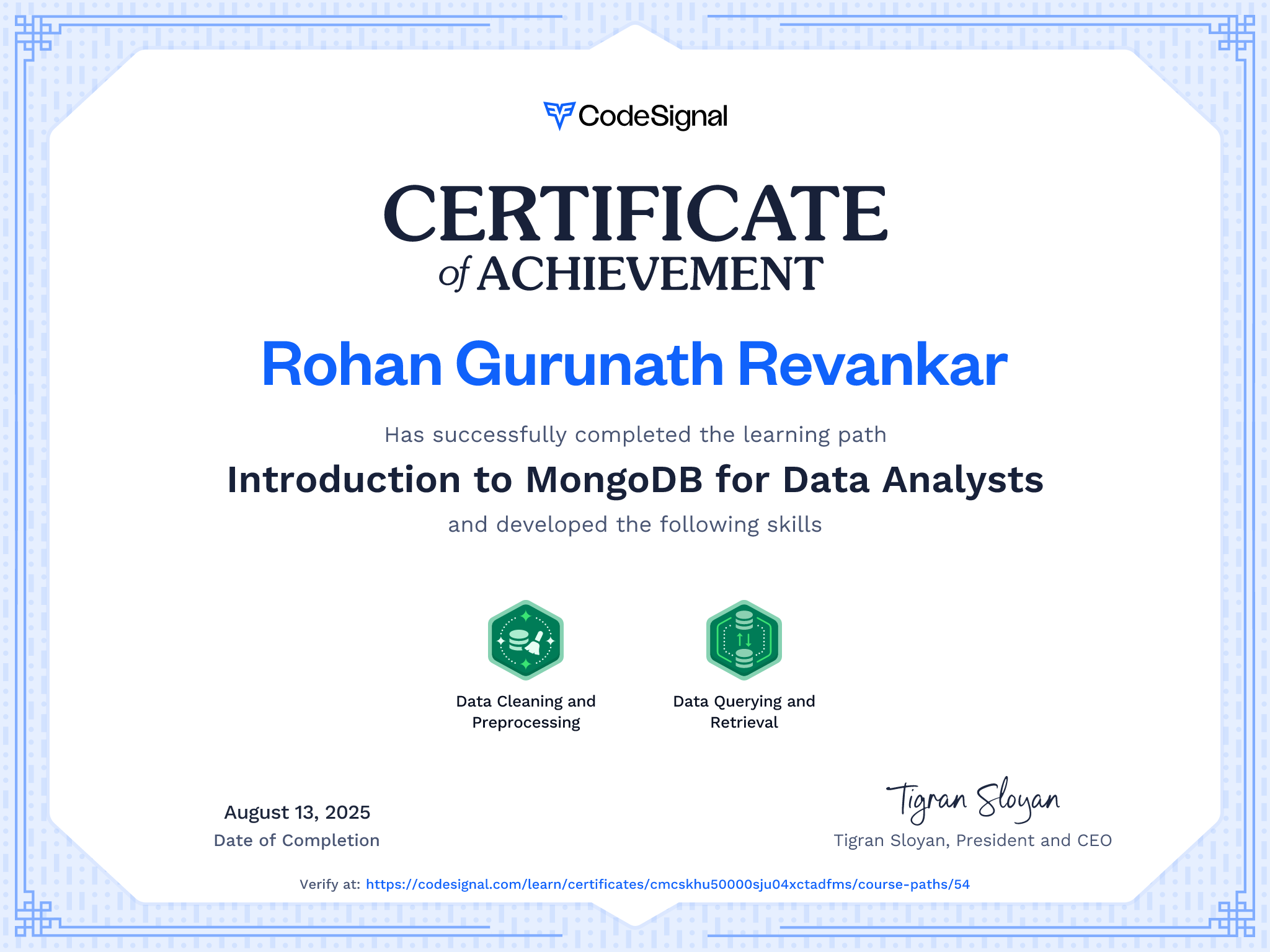 Path certificate for Introduction to MongoDB for Data Analysts ...