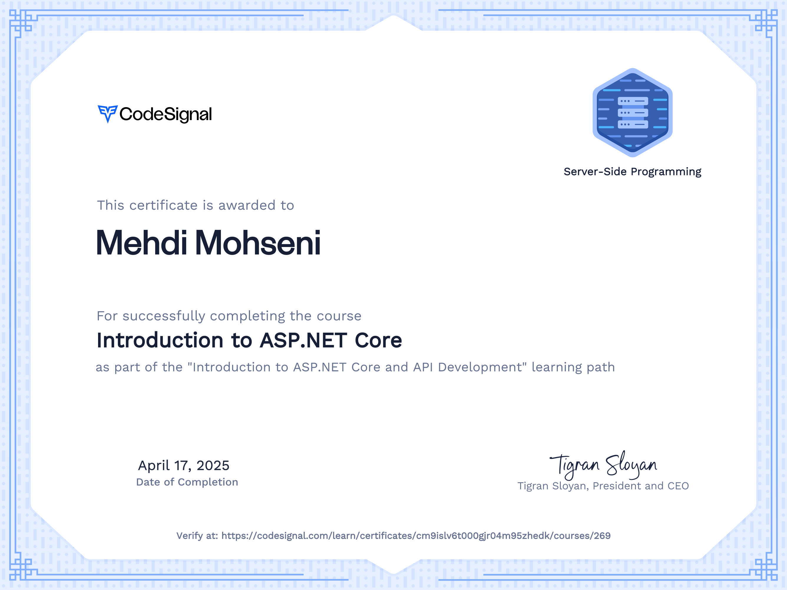 Course certificate for Introduction to ASP.NET Core | CodeSignal Learn