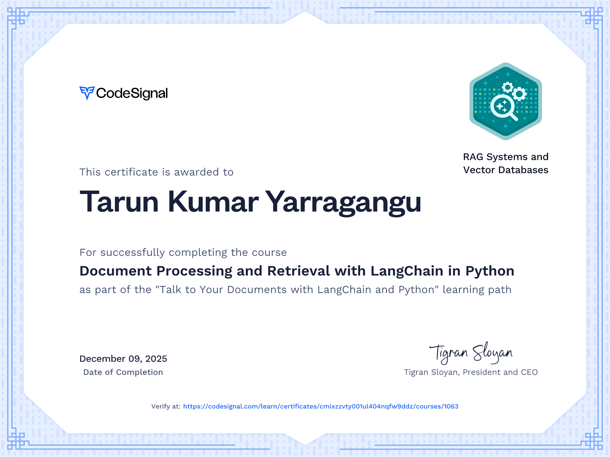 Course certificate for Document Processing and Retrieval with LangChain ...