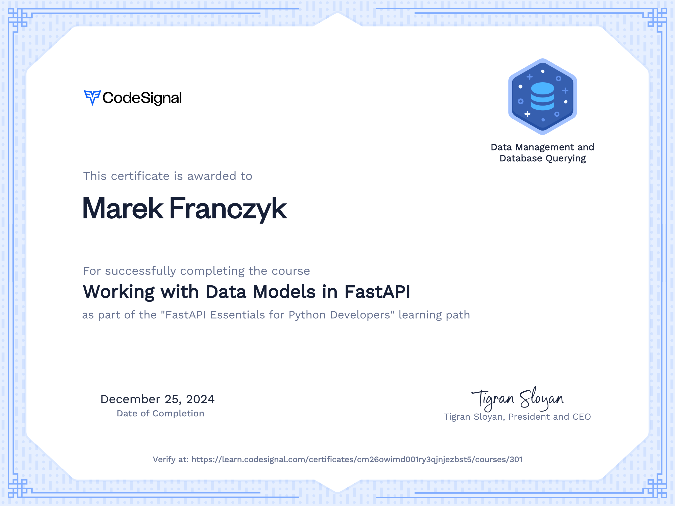 Course Certificate For Working With Data Models In Fastapi Codesignal Learn
