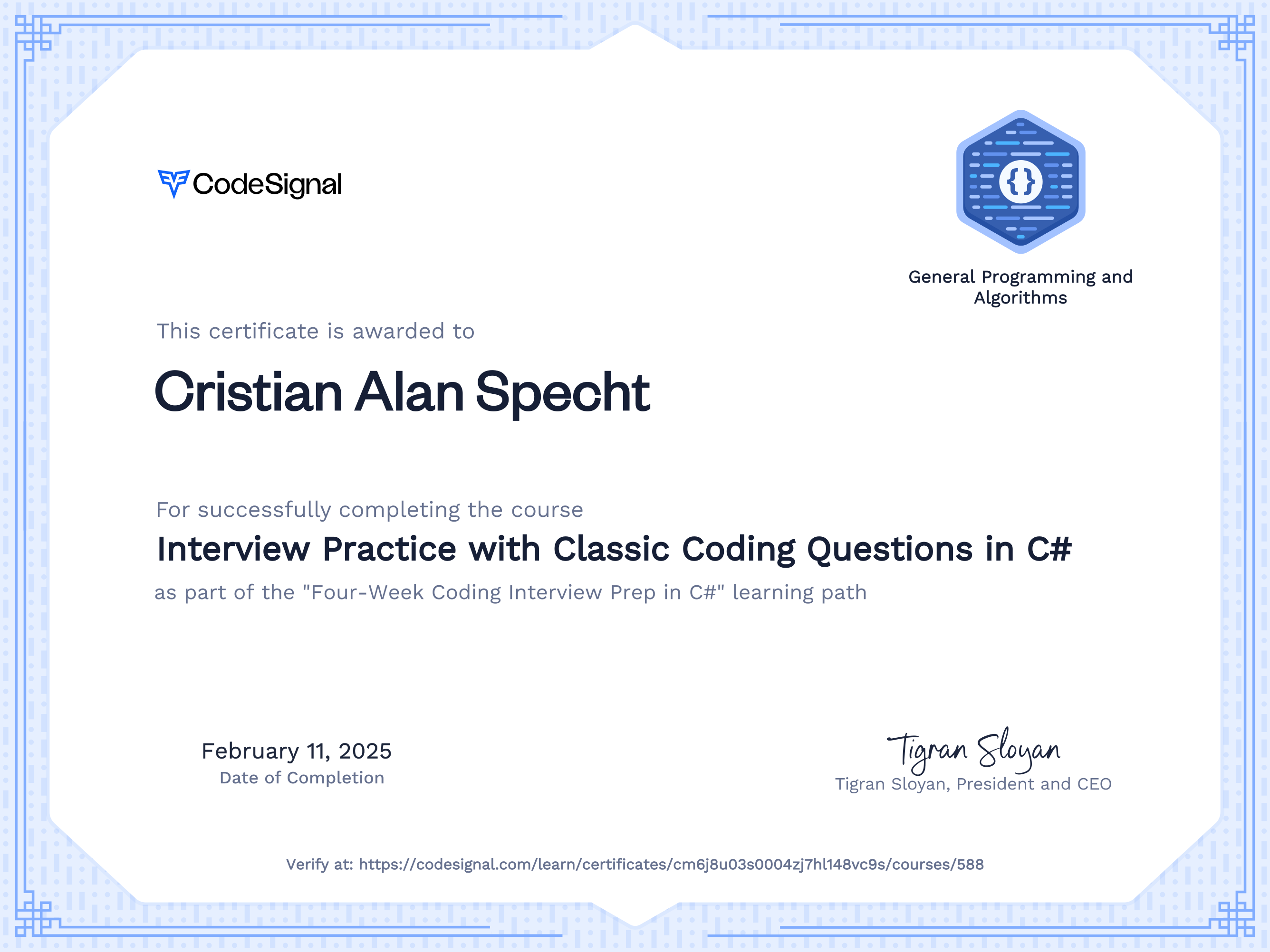 Course certificate for Interview Practice with Classic Coding Questions in C# | CodeSignal Learn