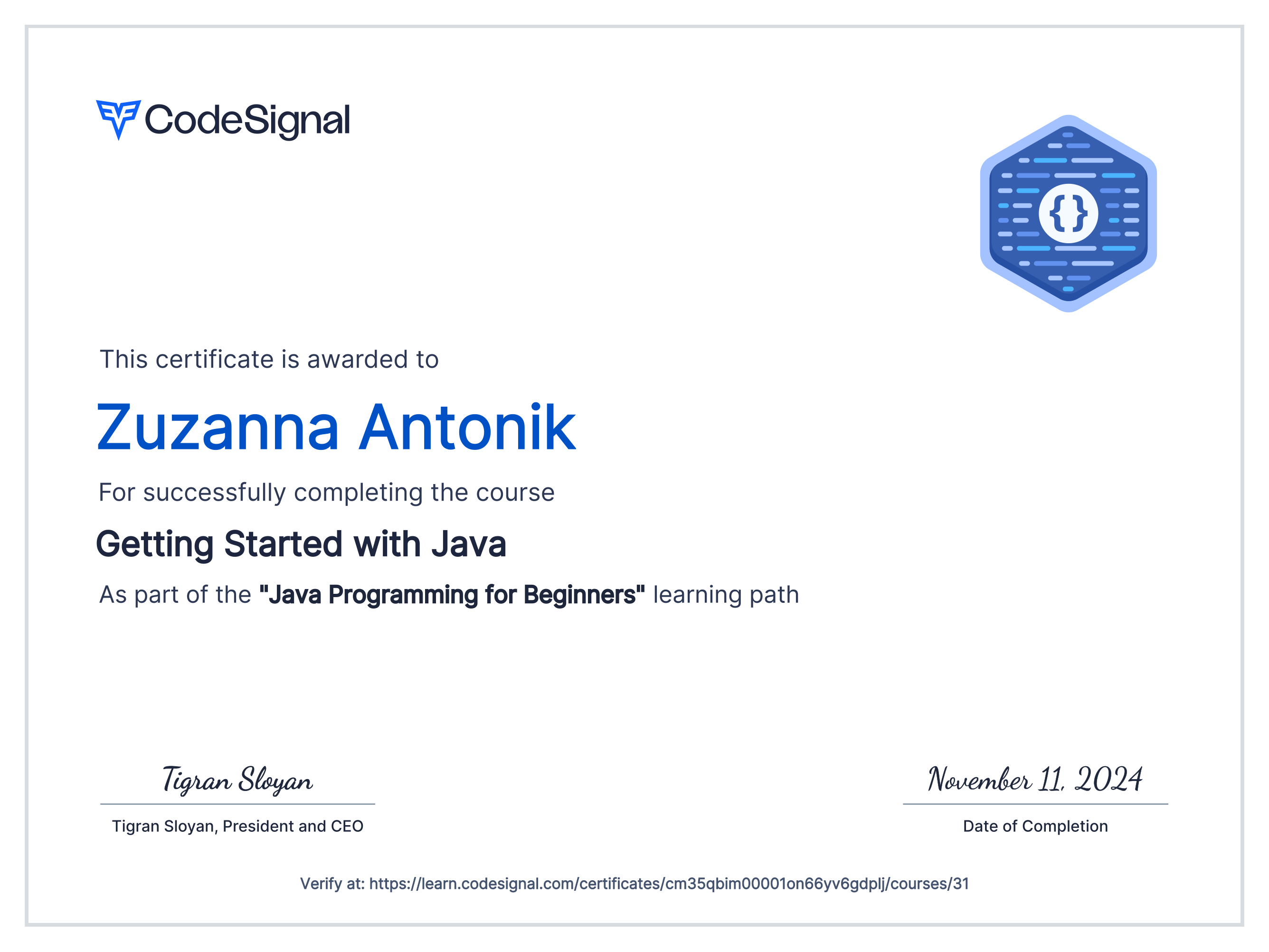 Course Certificate For Getting Started With Java Codesignal Learn