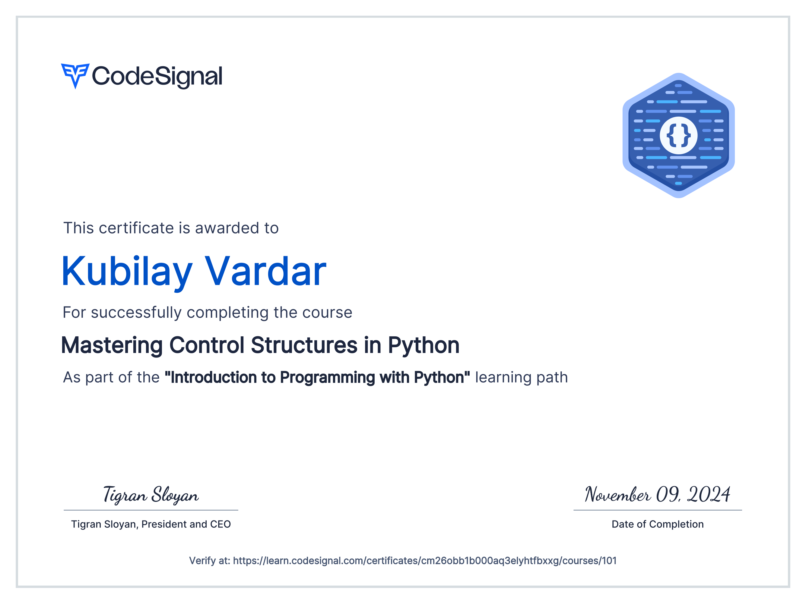 Course Certificate For Mastering Control Structures In Python Codesignal Learn