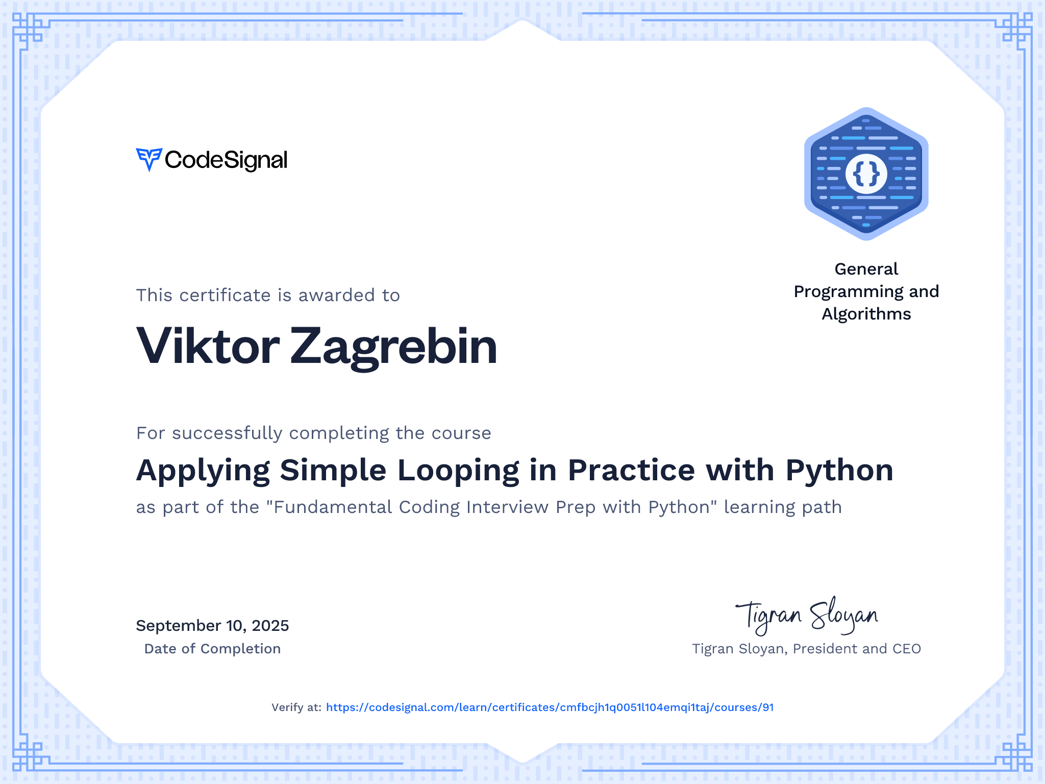 Course certificate for Applying Simple Looping in Practice with Python ...