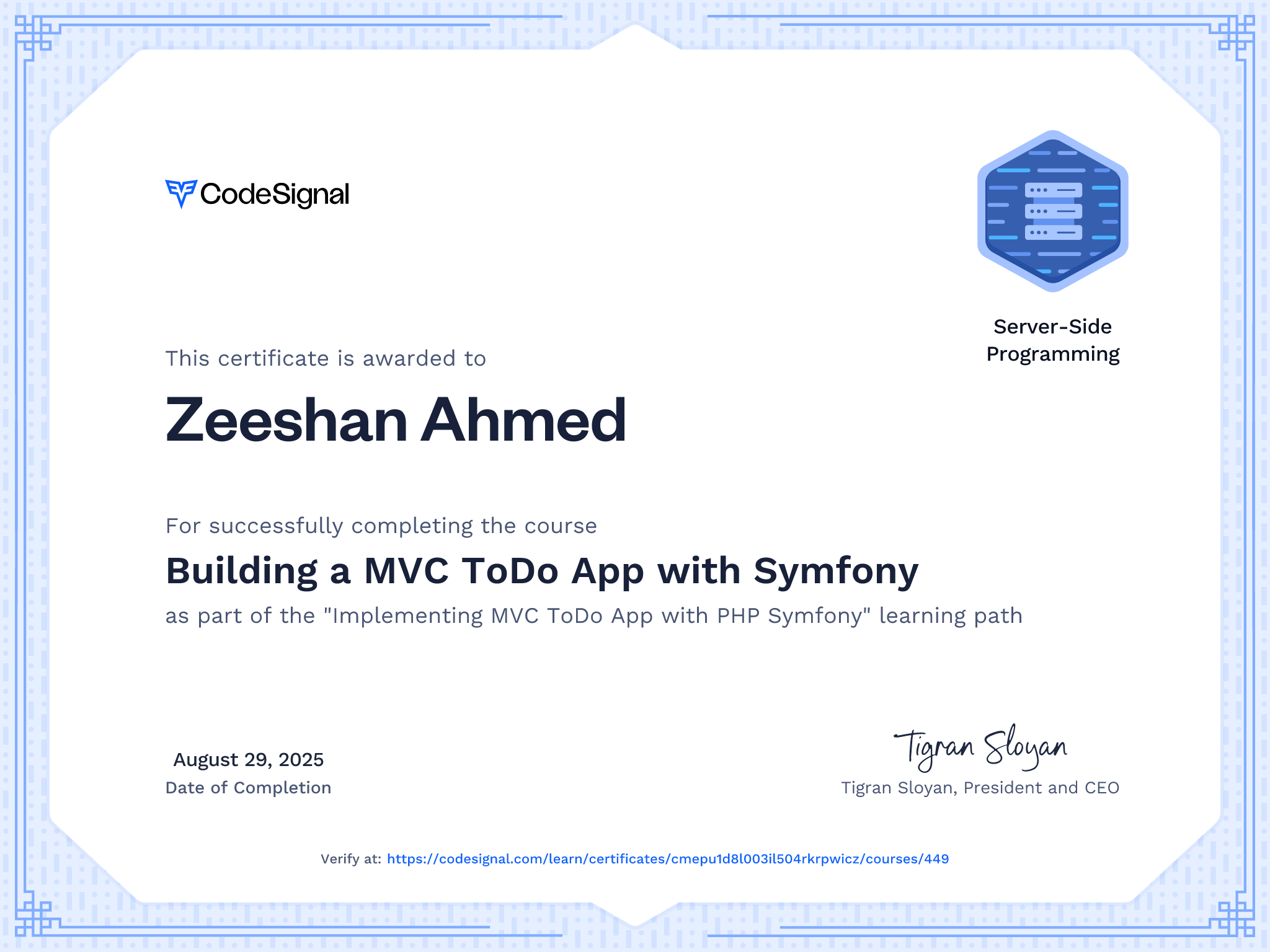Course Certificate For Building A Mvc Todo App With Symfony Codesignal Learn