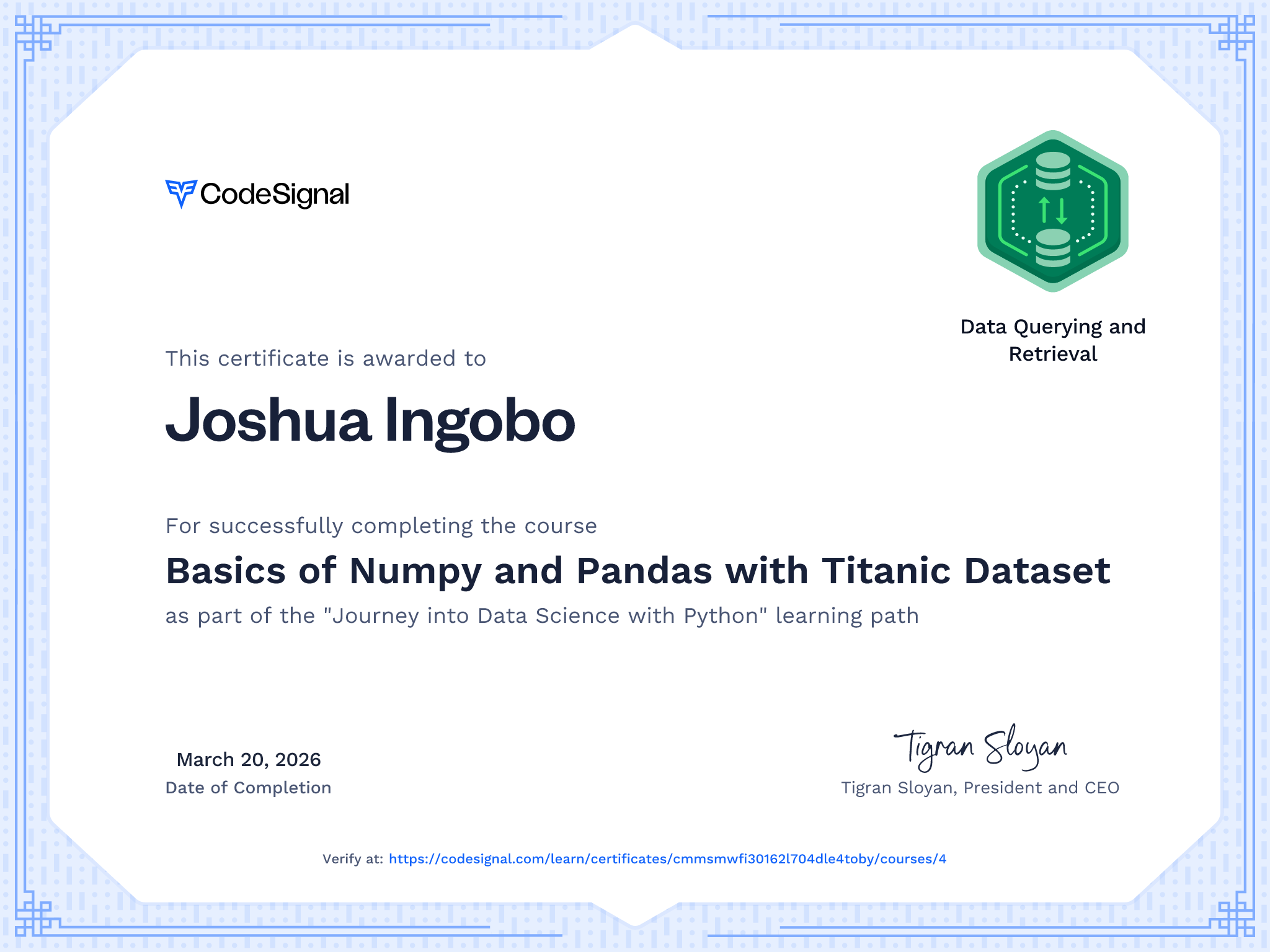 Course certificate for Basics of Numpy and Pandas with Titanic Dataset ...