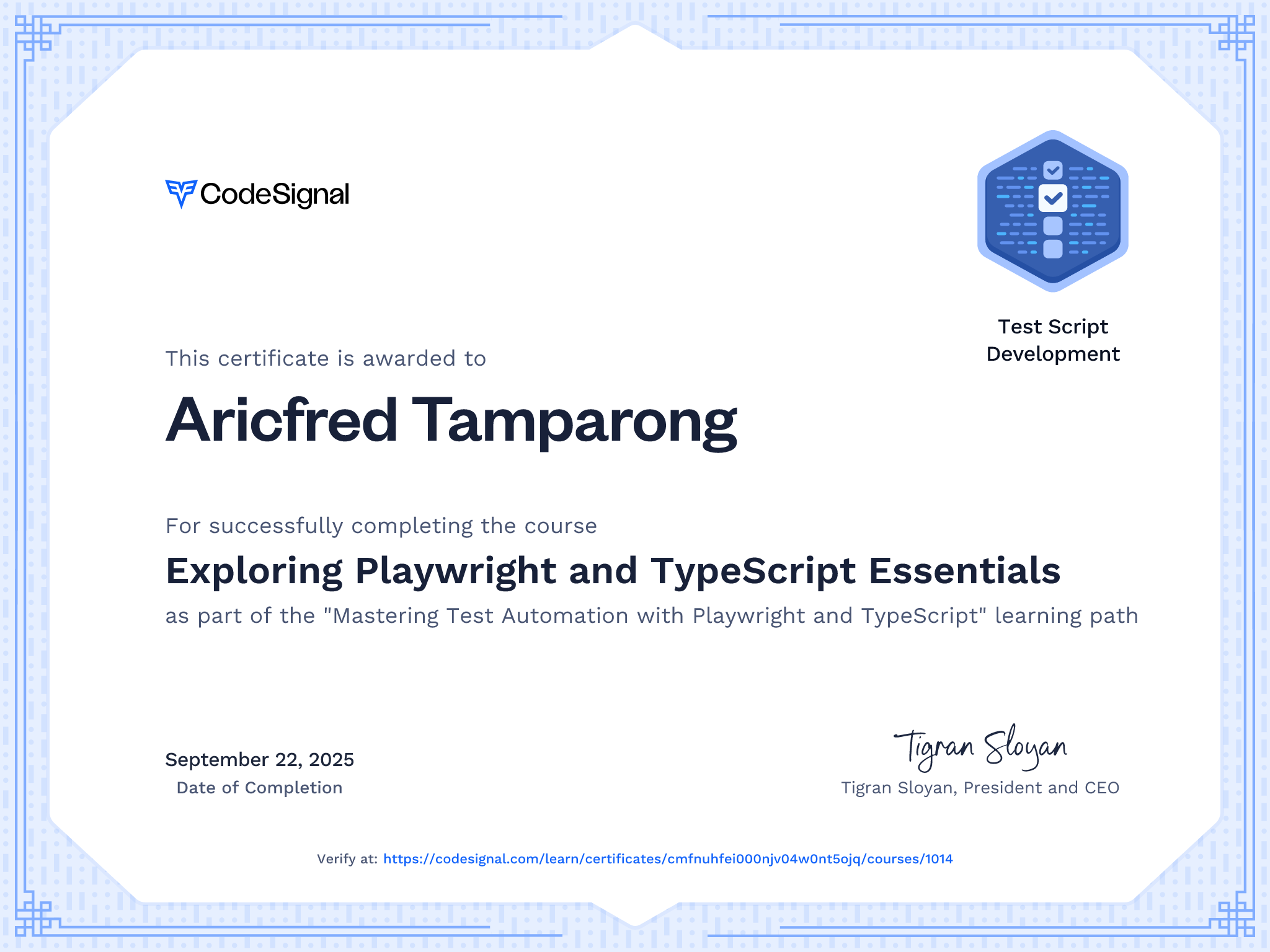 Course certificate for Exploring Playwright and TypeScript Essentials ...