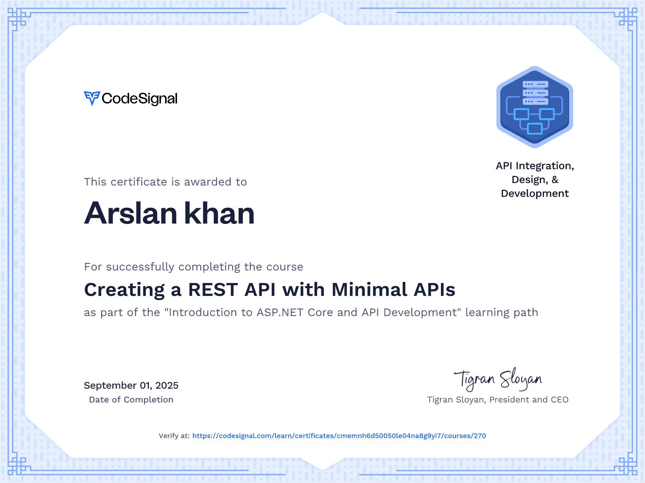 Course certificate for Creating a REST API with Minimal APIs ...