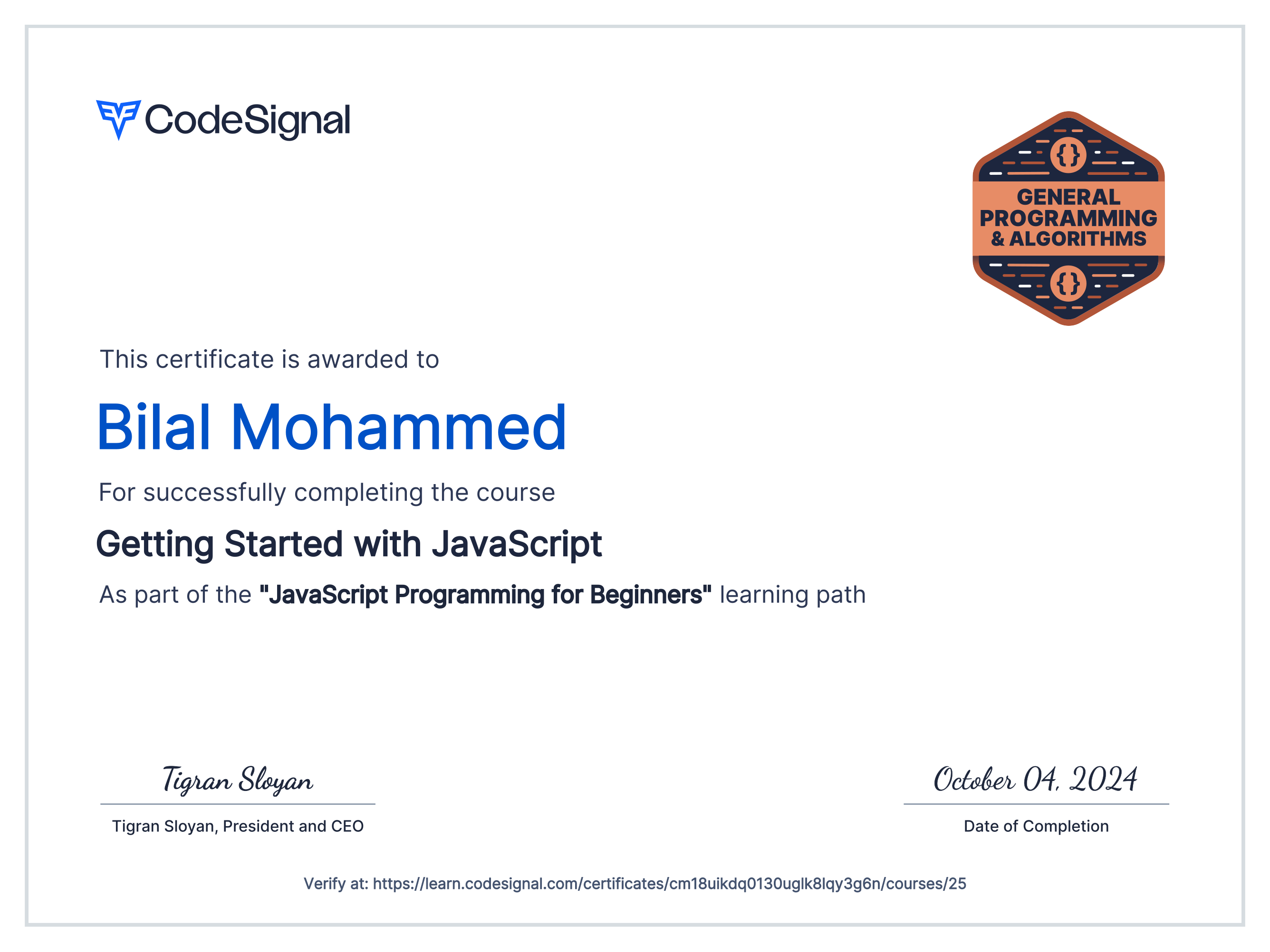 Course certificate for Getting Started with JavaScript | CodeSignal Learn