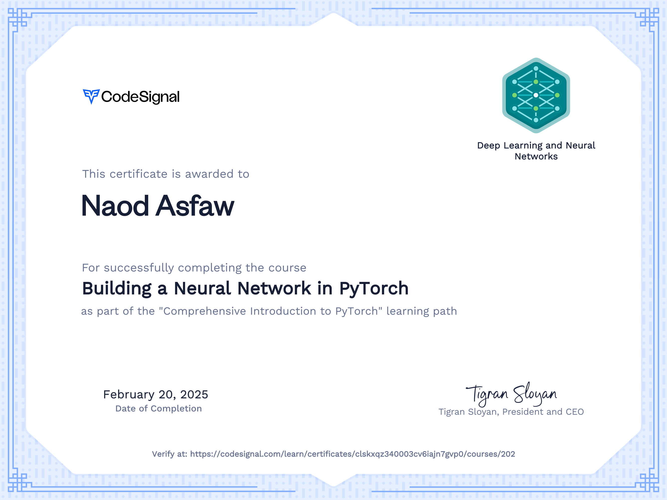 Course certificate for Building a Neural Network in PyTorch | CodeSignal Learn