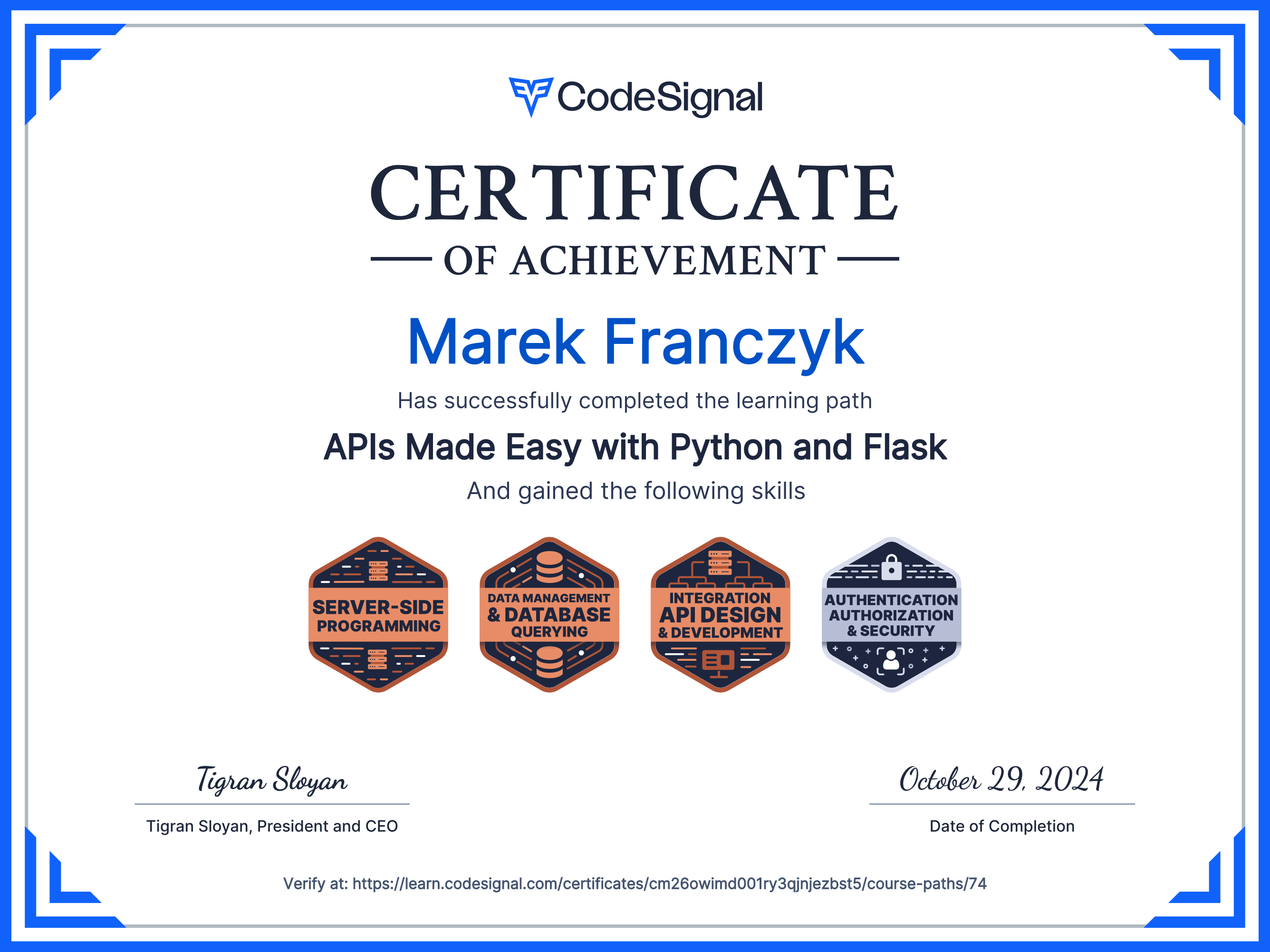 Path certificate for APIs Made Easy with Python and Flask | CodeSignal Learn