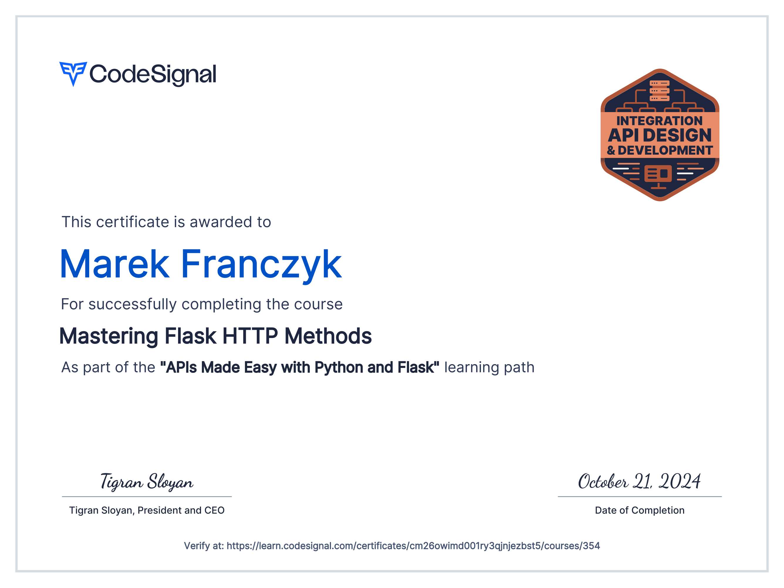 Course certificate for Mastering Flask HTTP Methods | CodeSignal Learn