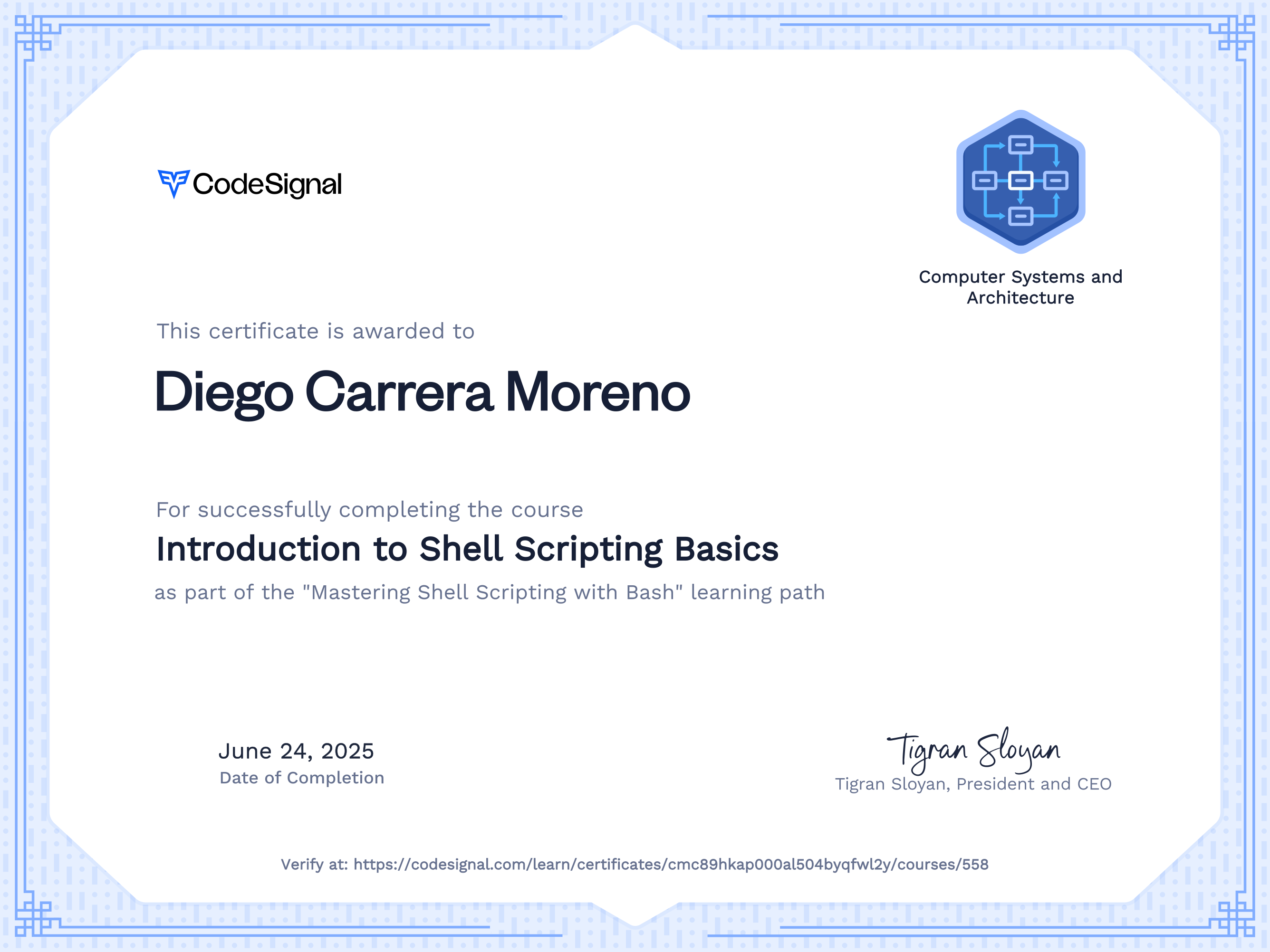 Course certificate for Introduction to Shell Scripting Basics ...