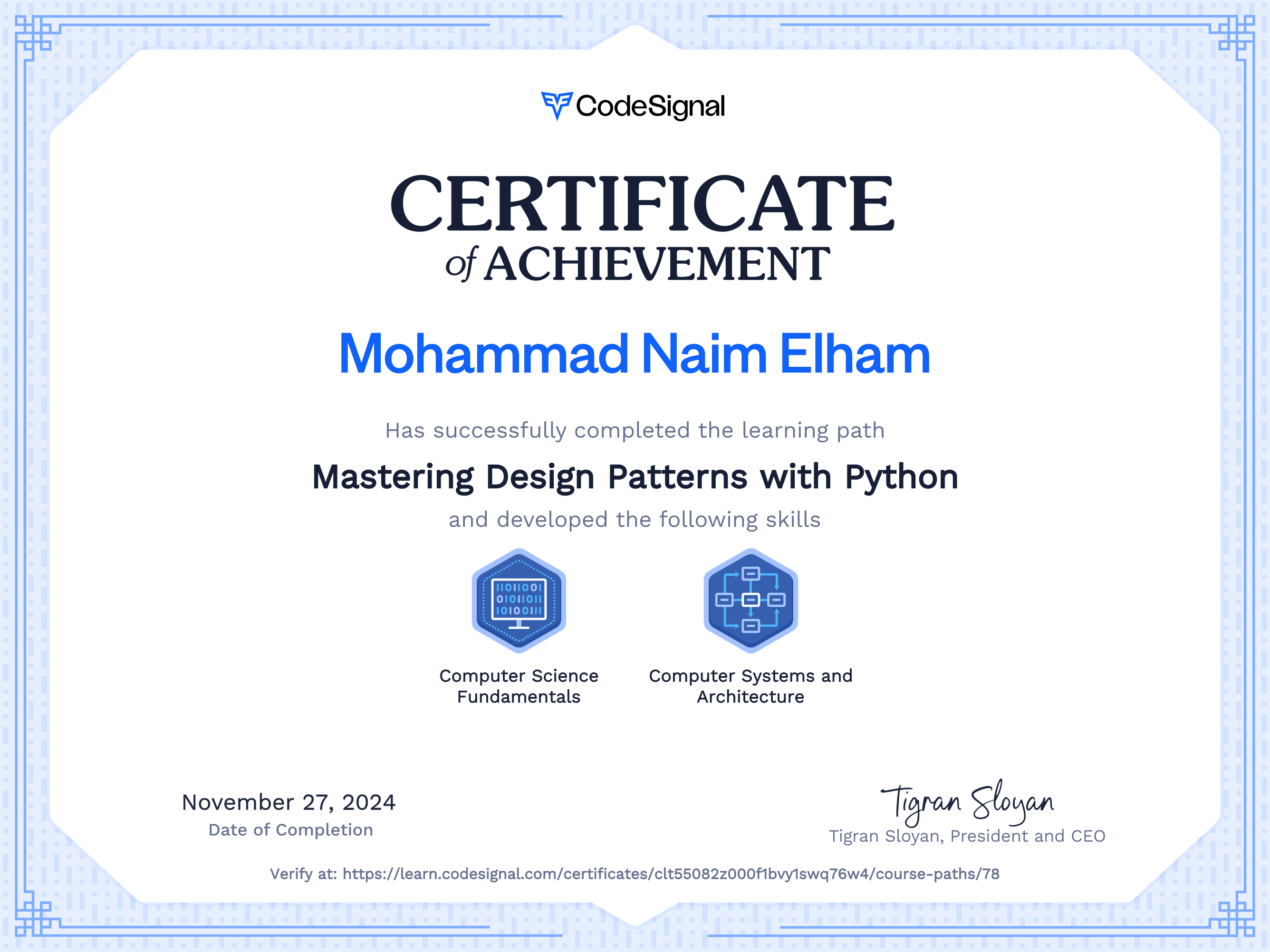 Path certificate for Mastering Design Patterns with Python | CodeSignal Learn