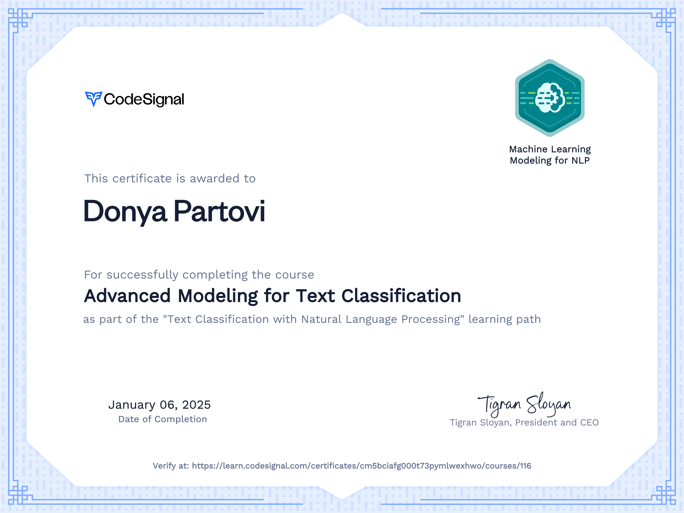 Course certificate for Advanced Modeling for Text Classification | CodeSignal Learn